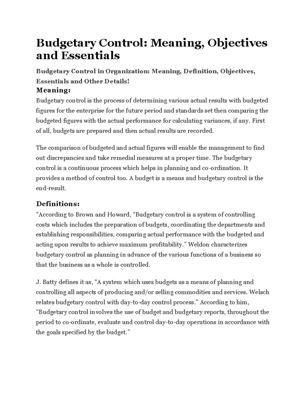 Budgetary Control (BC101): Summary Notes on Objectives & Essentials ...