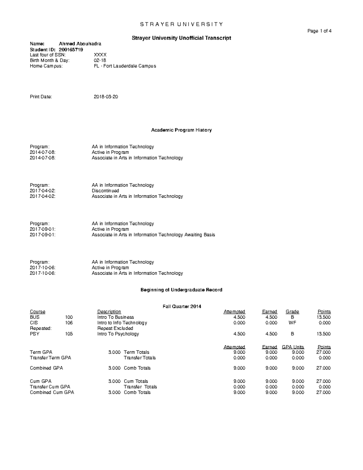 Strayer Univ Unofficial Transcript for Student ID 200165719 - Ahmed A ...