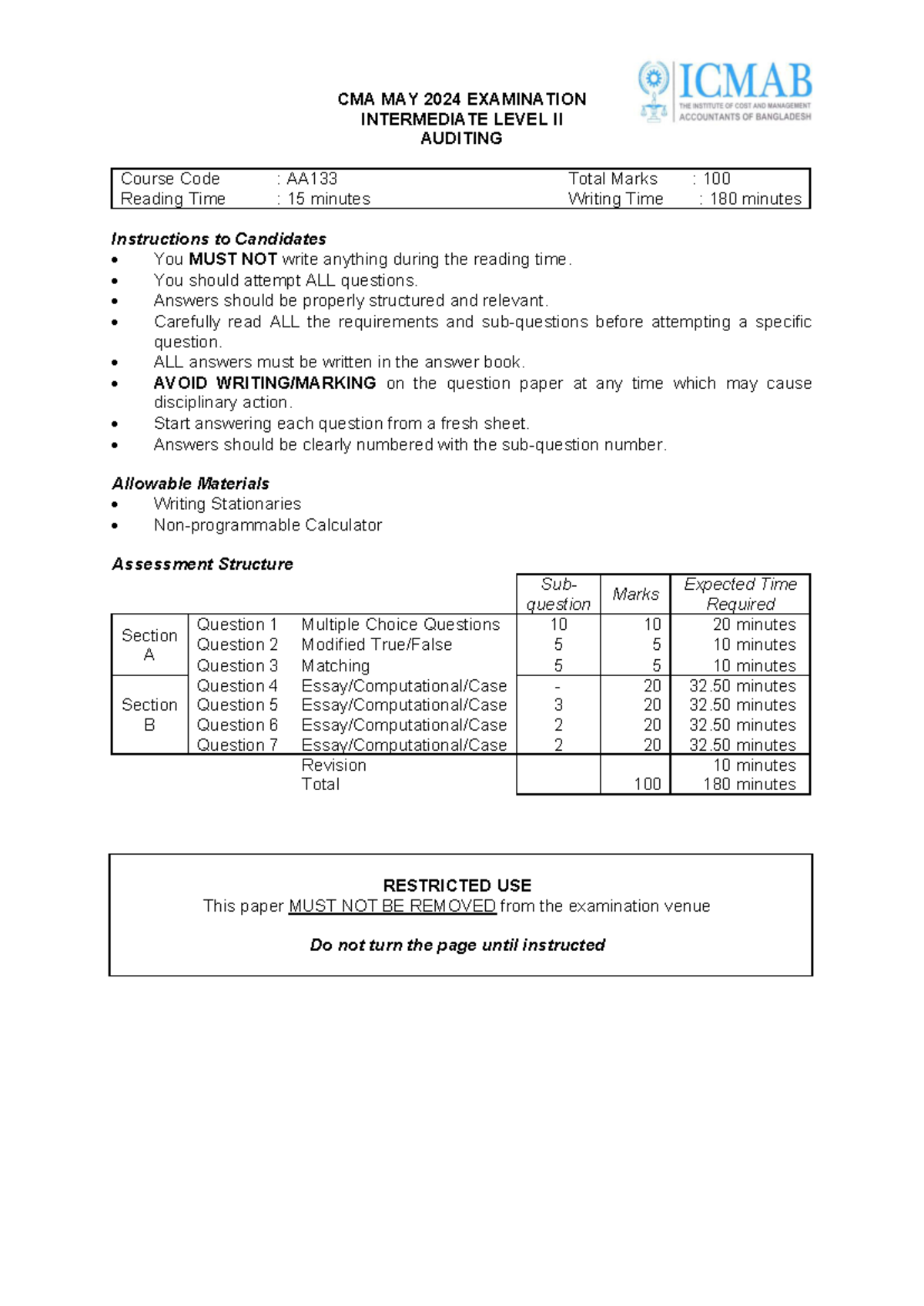 AA133 Auditing Intermediate II: CMA May 2024 Exam Questions - Studocu