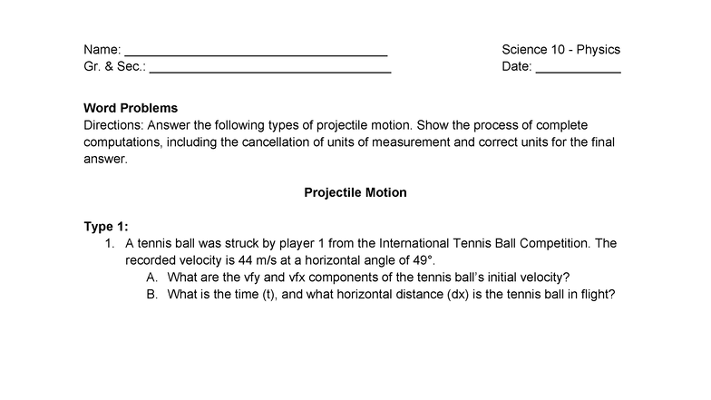 Science 10 - Projectile Motion Word Problems (Asynchronous Task) - Studocu
