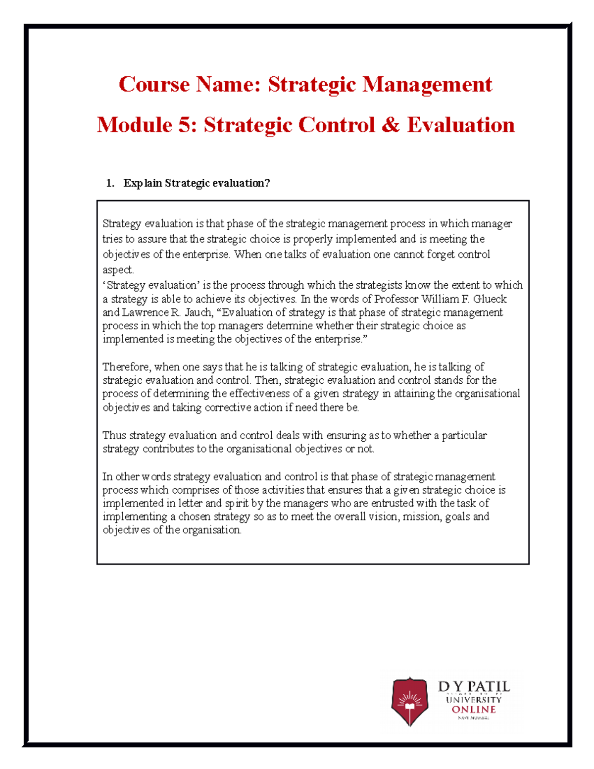 Mod 5 Strategic Control & Evaluation in Strategic Management - Studocu