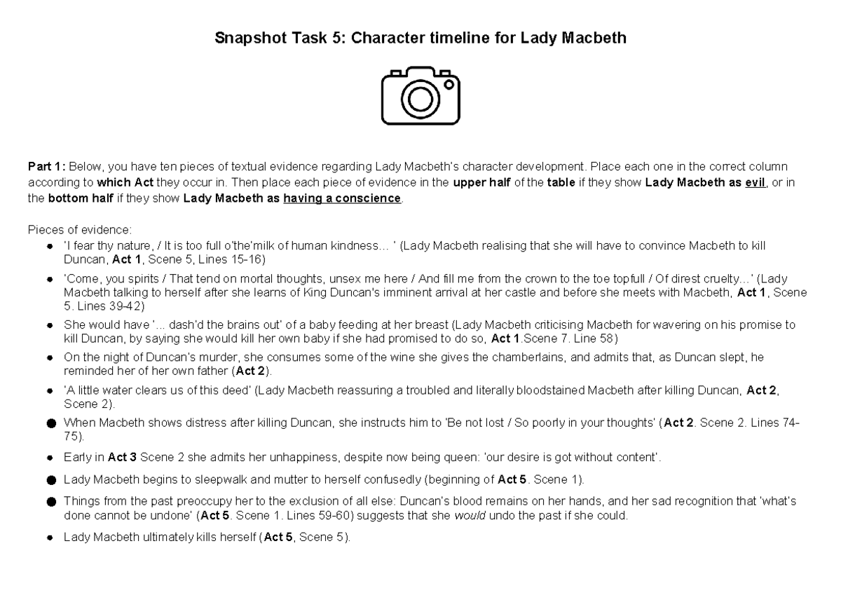 Snapshot Task 5: Lady Macbeth Character Timeline Analysis - Studocu