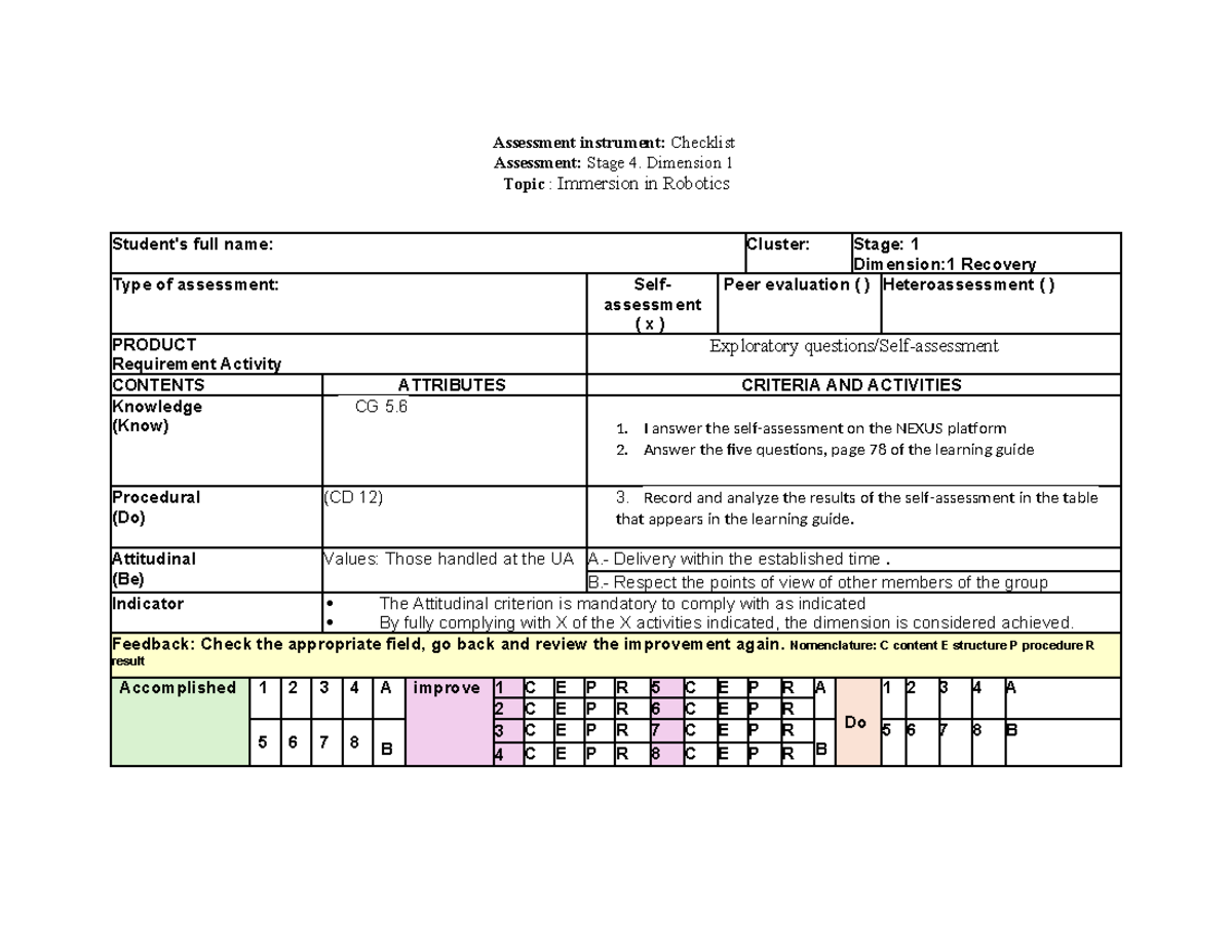 Checklist - Bbgy - Assessment instrument: Checklist Assessment: Stage 4 ...