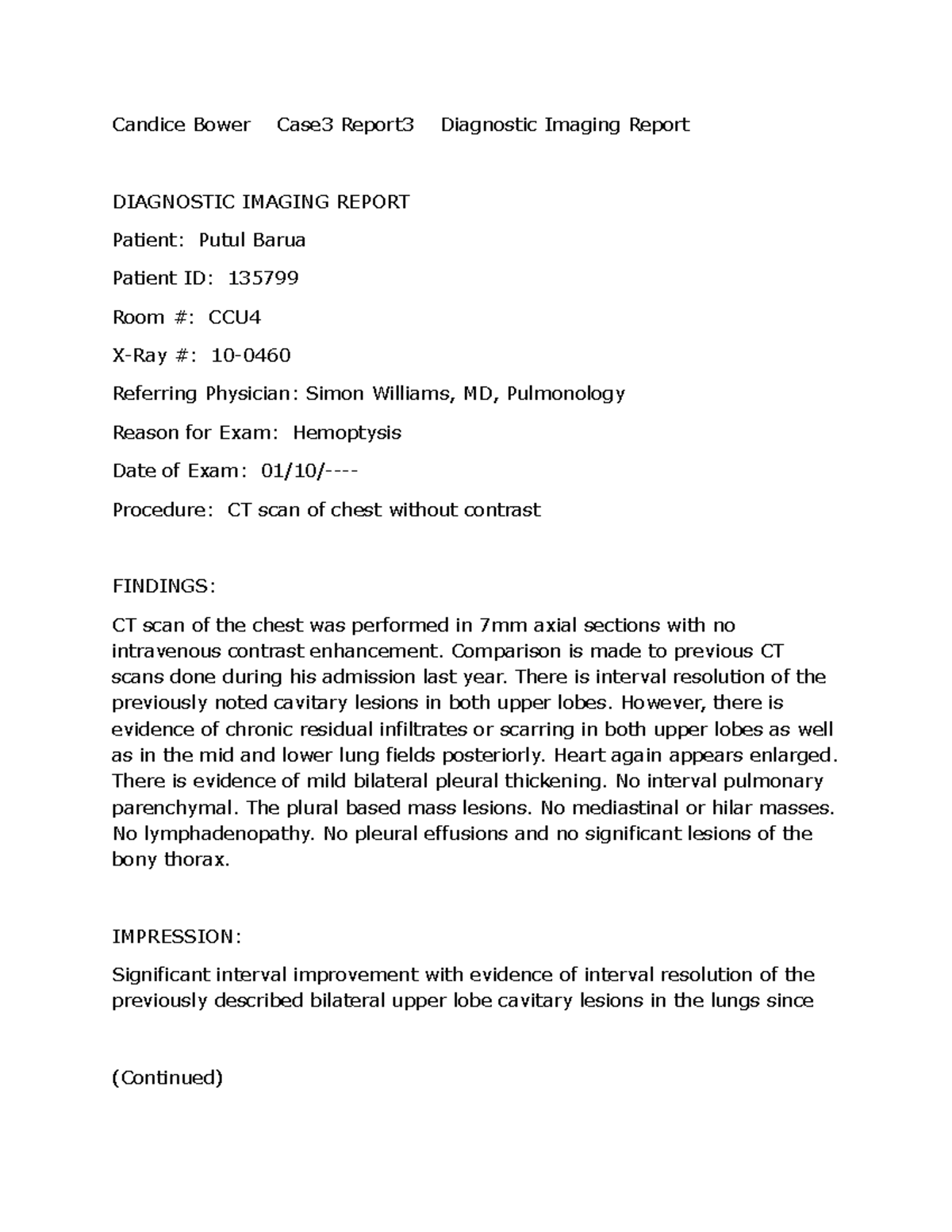 Bower Case 3 Report 3: Diagnostic Imaging Findings - Studocu