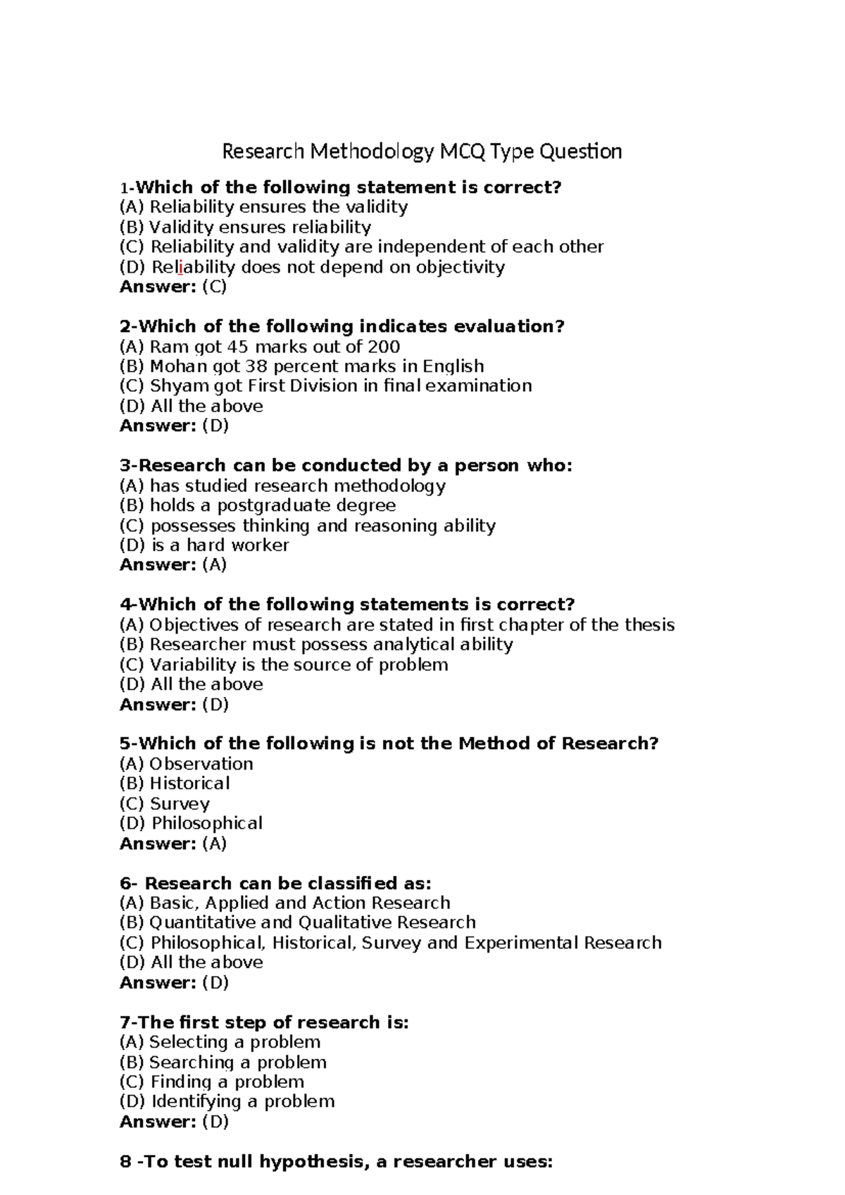 Research Methodology MCQ Questions for Quick Revision - Studocu