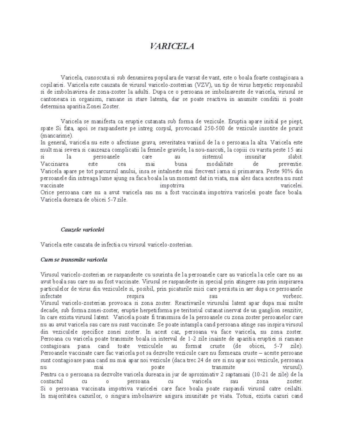 Varicela - VARICELA Varicela, cunoscuta si sub denumirea populara de ...