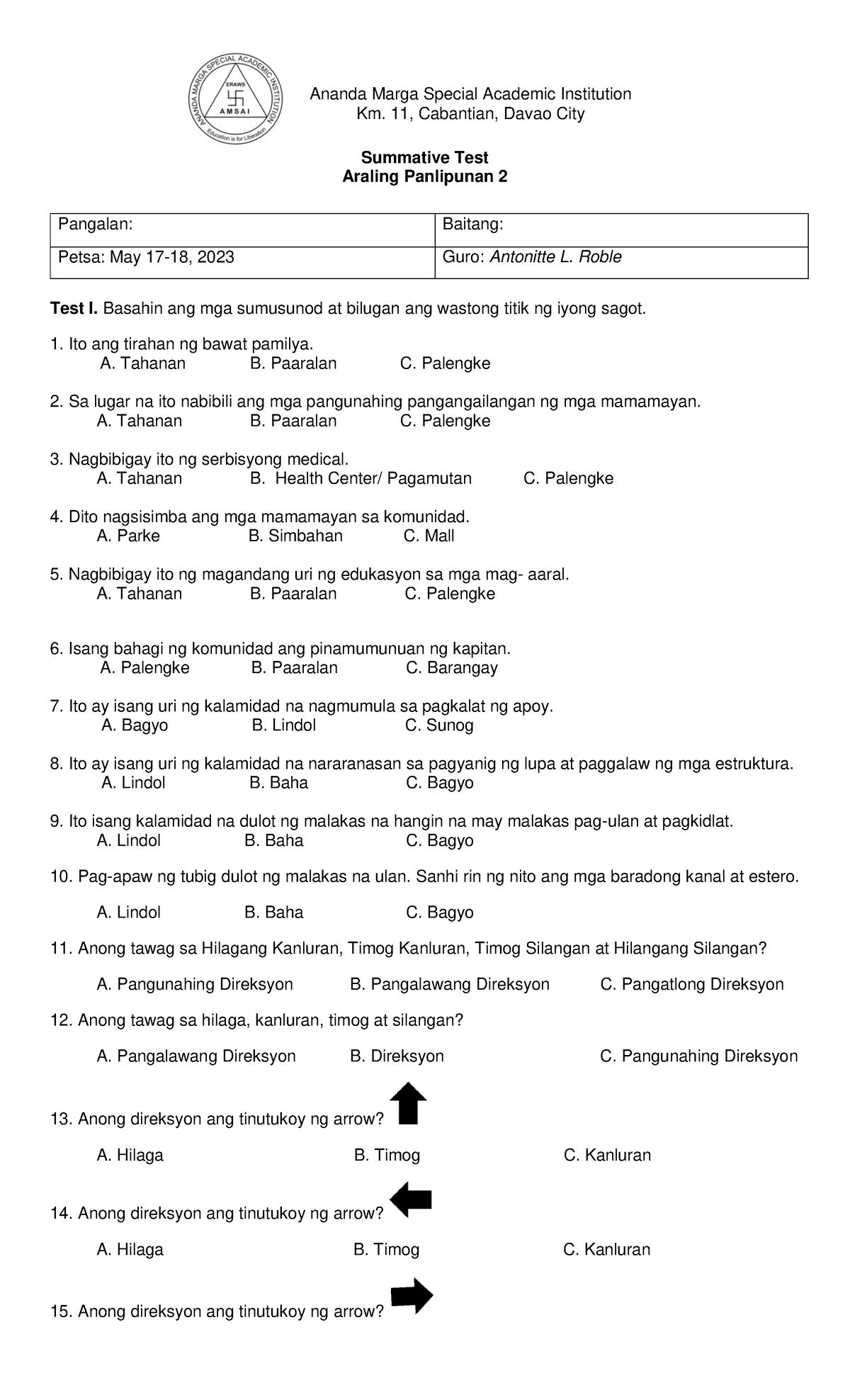 Summative Test in Araling Panlipunan 2 (AP 2) for Grade 2 - May 2023 ...