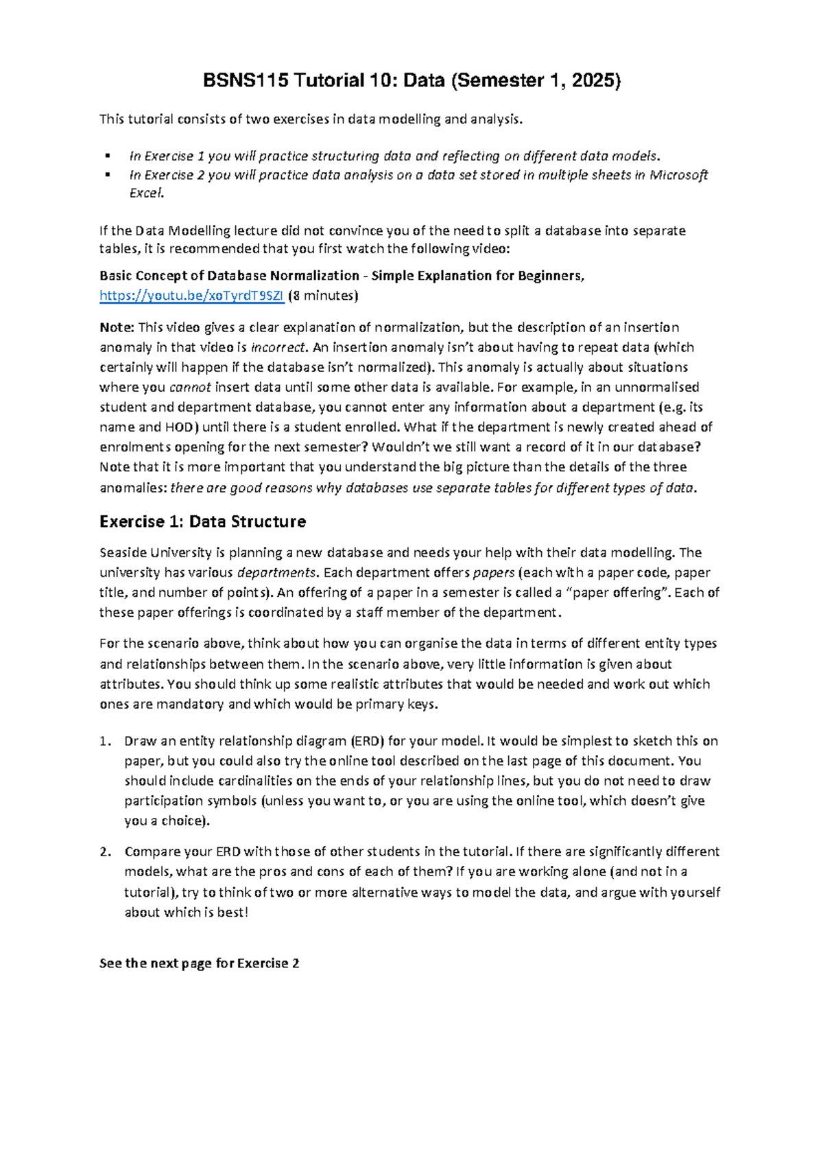BSNS115 S1 2025 Tutorial 10: Data Modelling & Analysis Exercises - Studocu