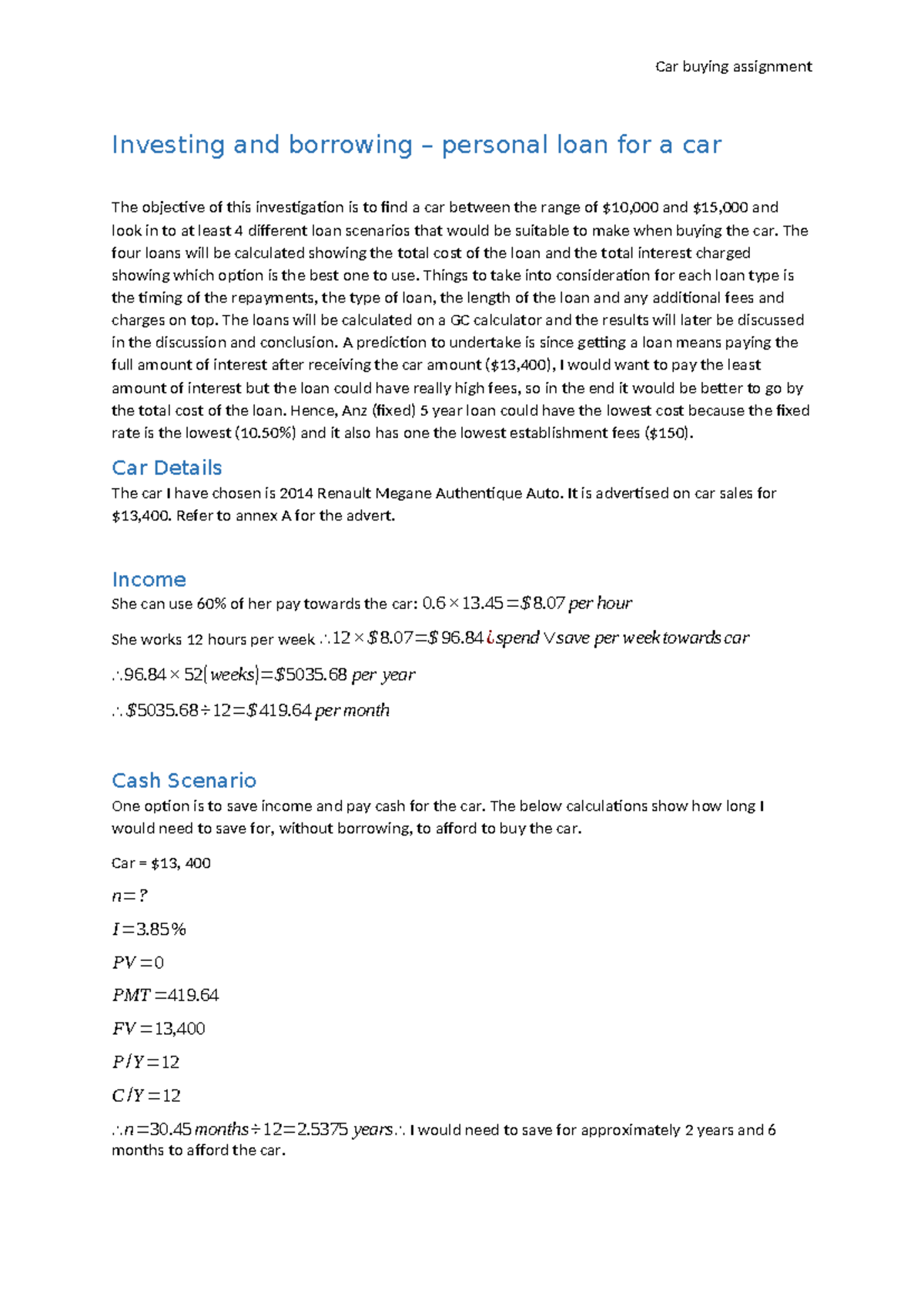 Investing in a Car: Loan Comparison for Proposed Purchase (FIN 101 ...