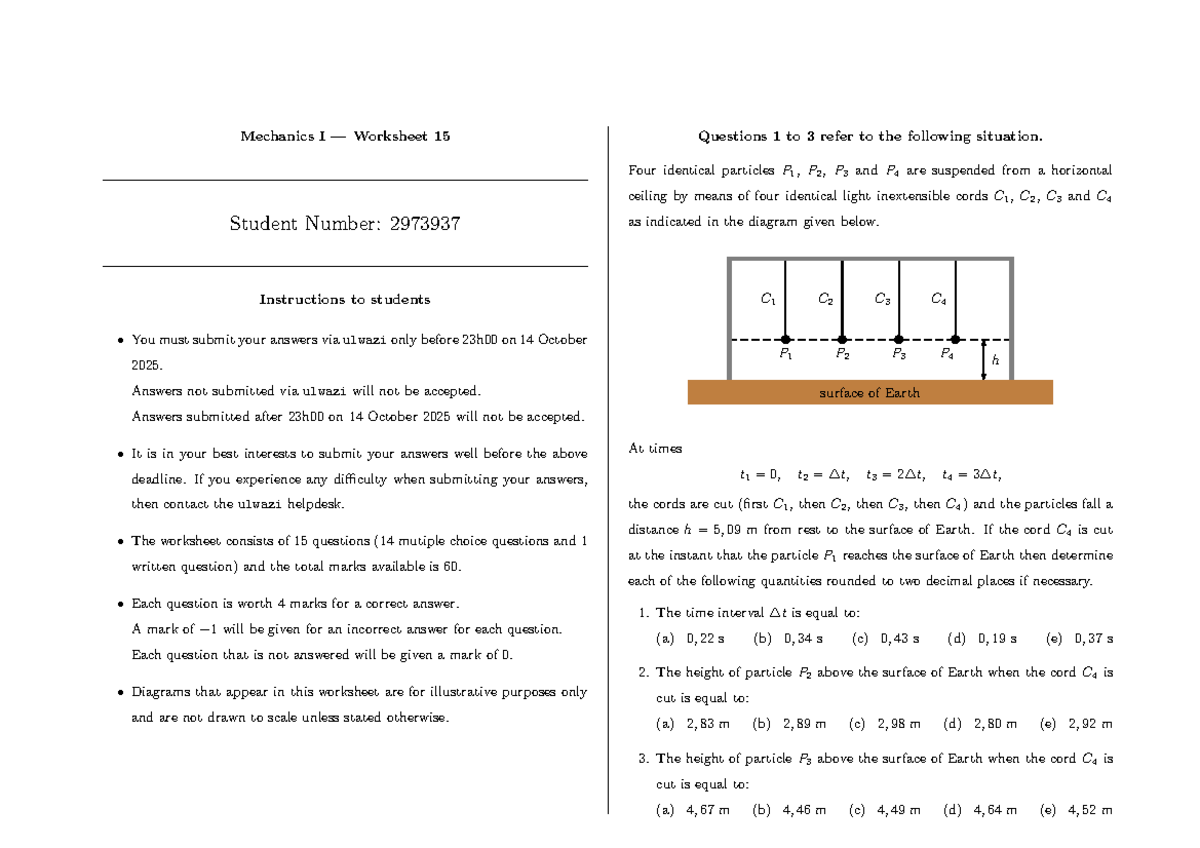 Mechanics I Worksheet 15: Questions on Particle Motion and Forces - Studocu