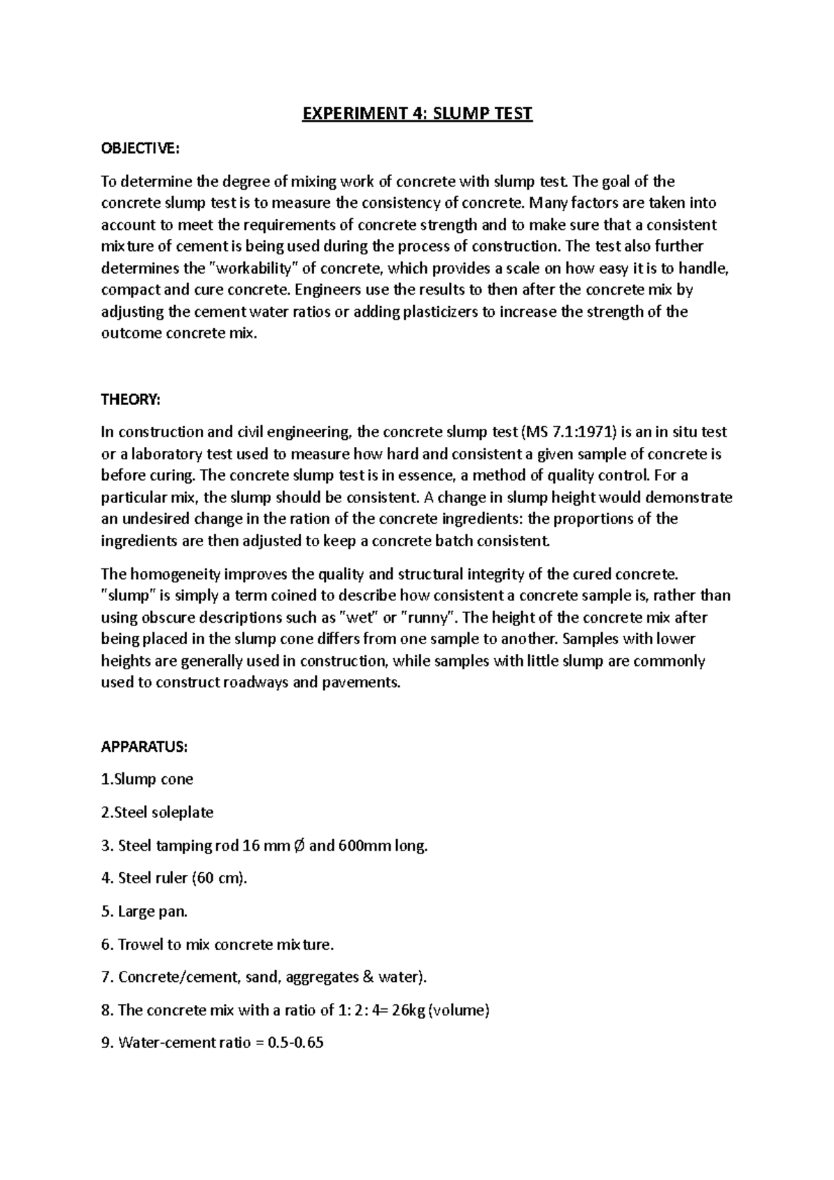 Concrete Slump Test Report - Experiment 4 Analysis and Results - Studocu