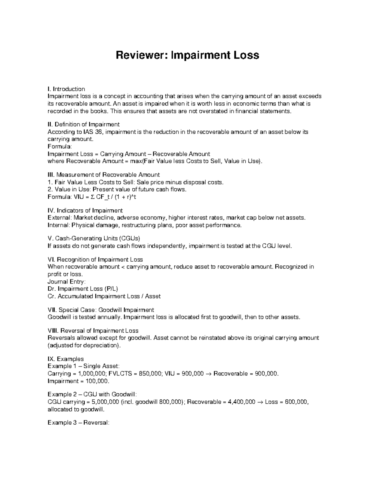 Impairment Loss Review: Key Concepts and Examples - Studocu