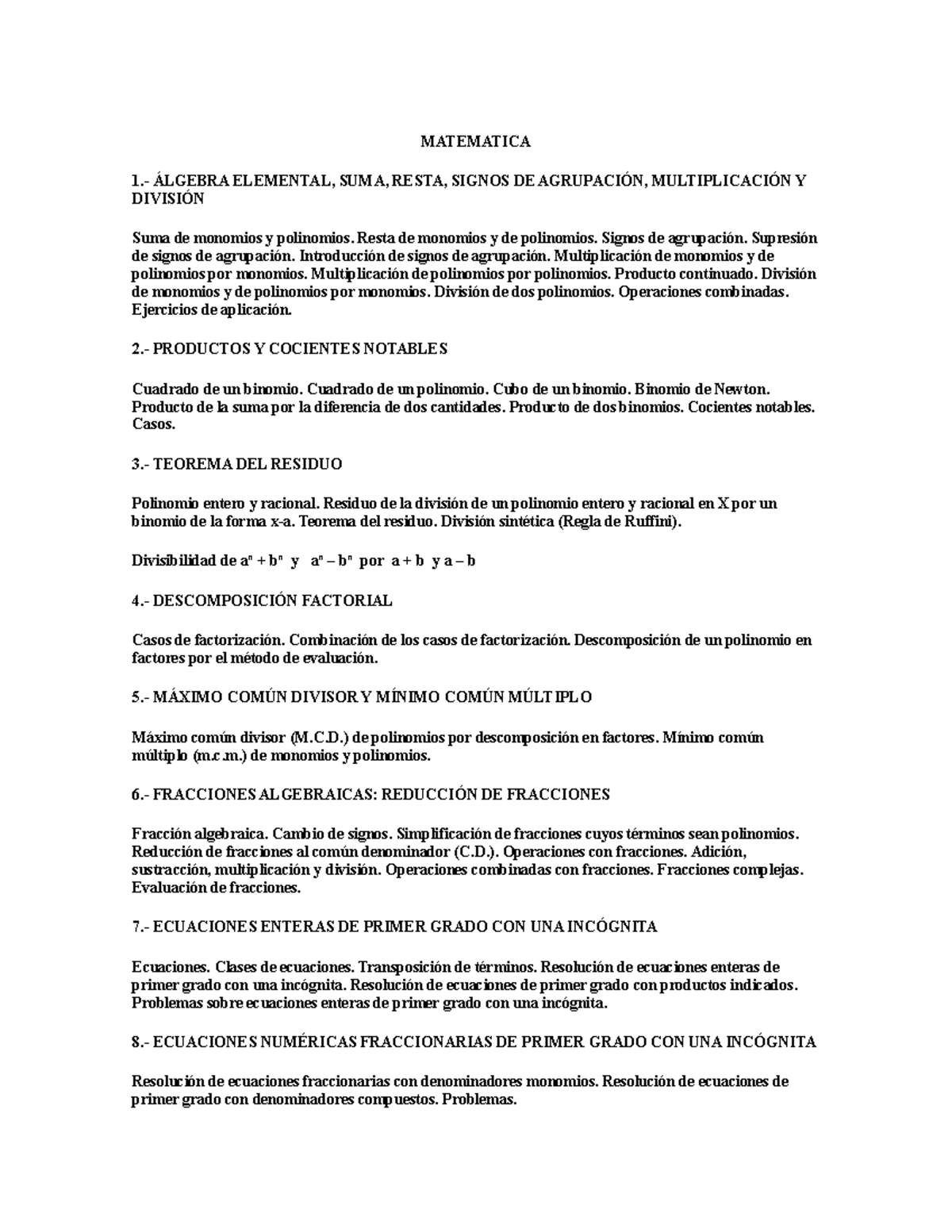 Matematica - MATEMATICA 1.- ÁLGEBRA ELEMENTAL, SUMA, RESTA, SIGNOS DE ...