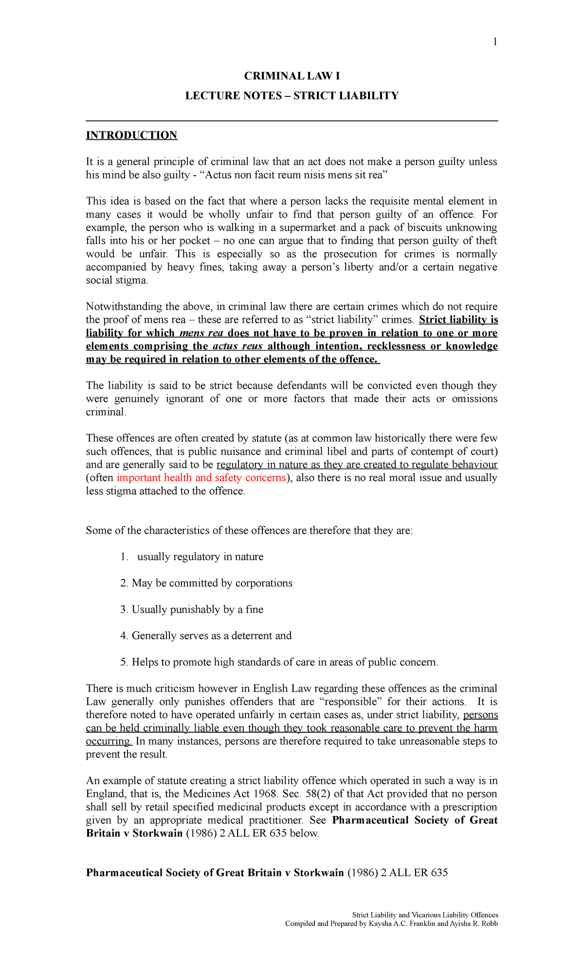 CRIMINAL LAW I: Lecture Notes on Strict Liability Offences - Studocu