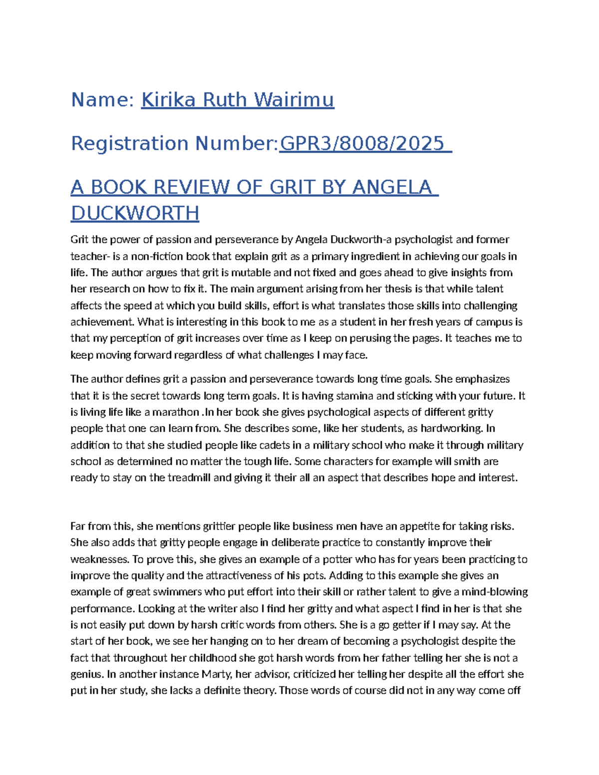 ENG 101: Book Review of "Grit" by Angela Duckworth - Studocu