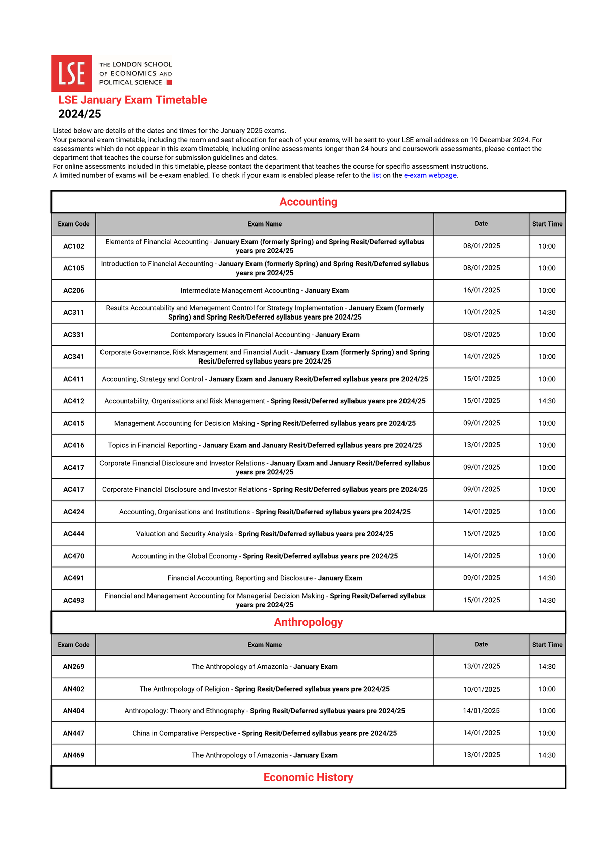 LSE January 2025 Exam Timetable and Details - Studocu