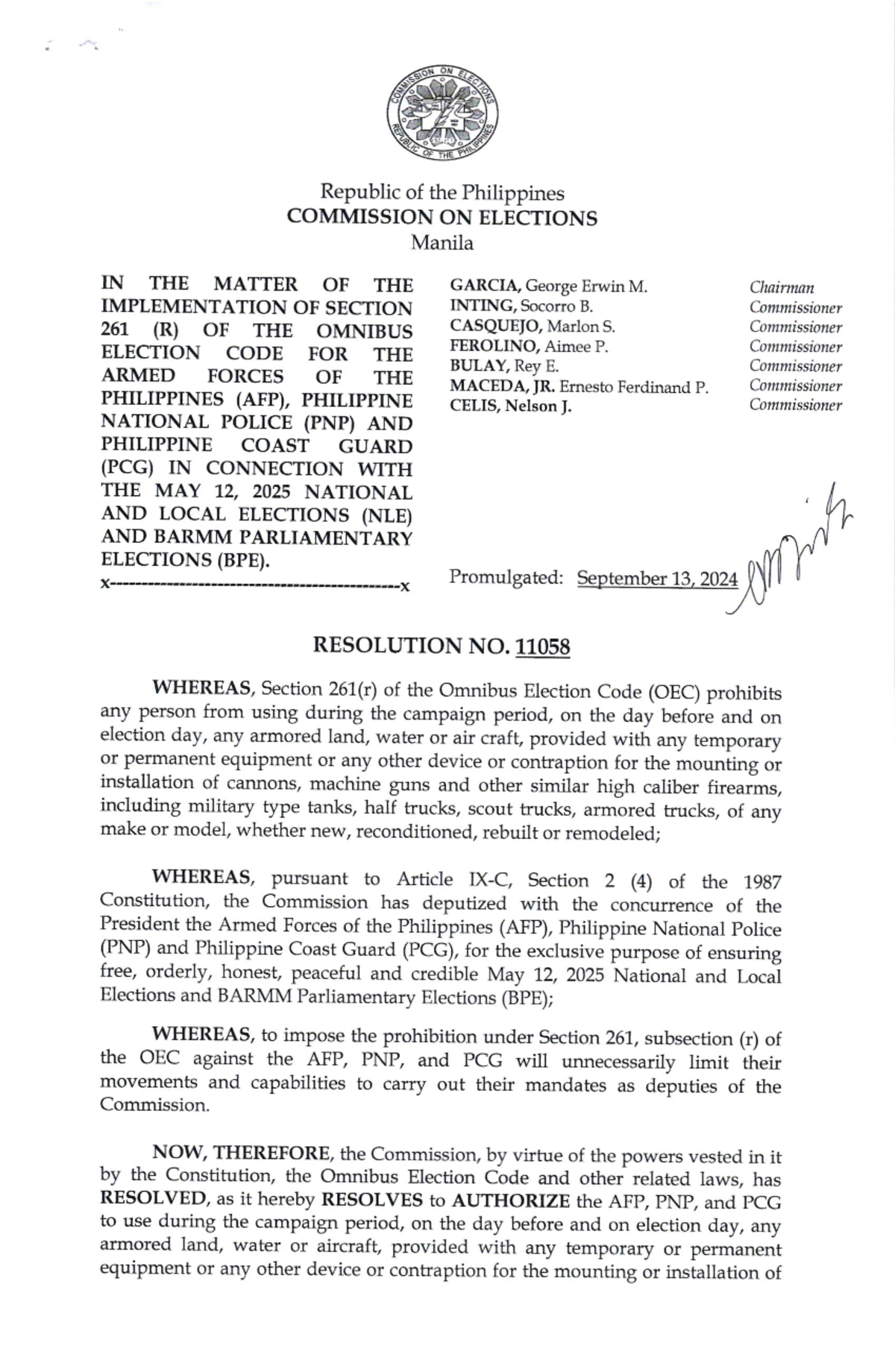 COMELEC Resolution No. 11058: Guidelines for AFP, PNP, and PCG in NLE ...