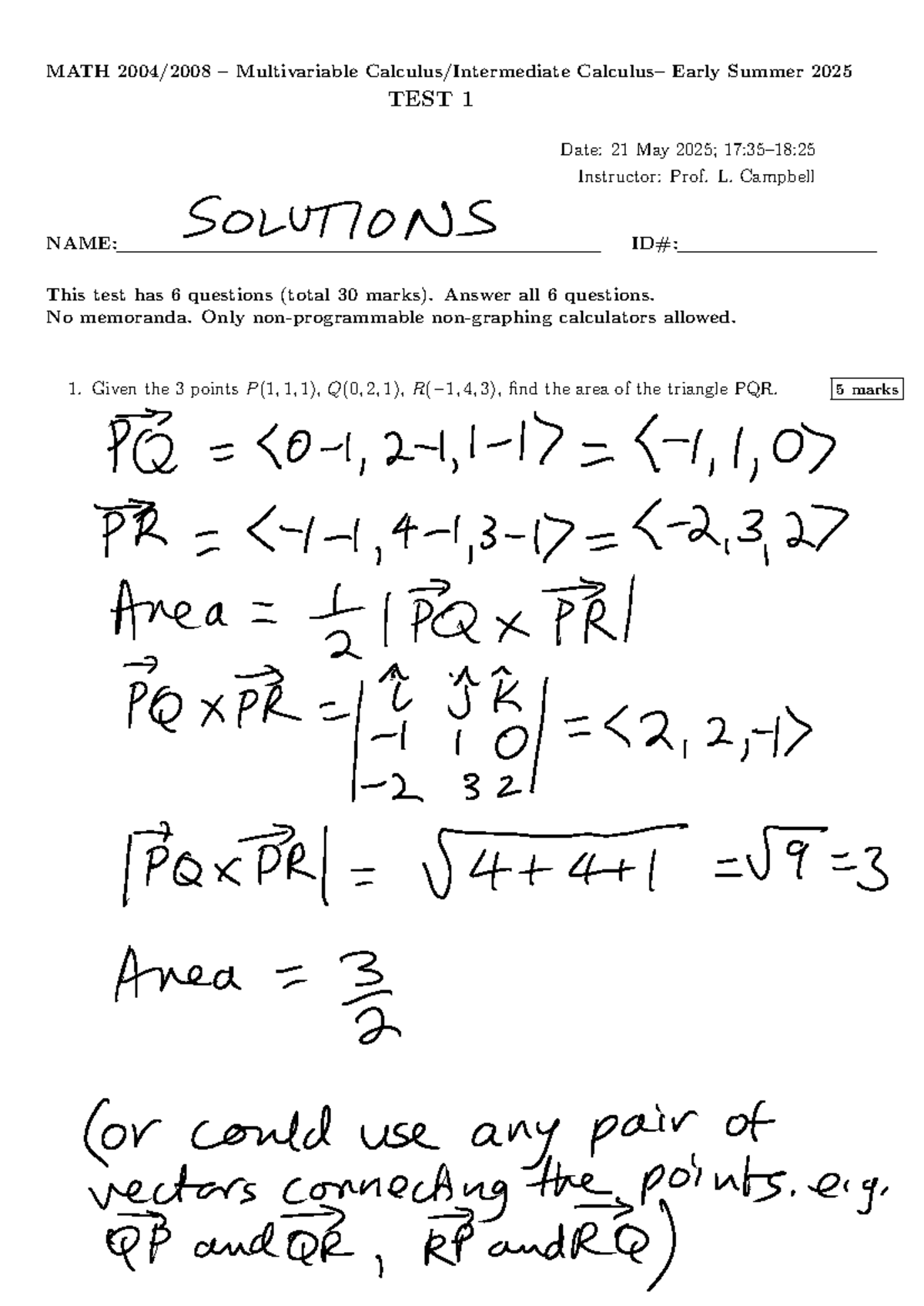 MATH Multivariable Early Summer 2025 Test 1 Solutions Summary - Studocu