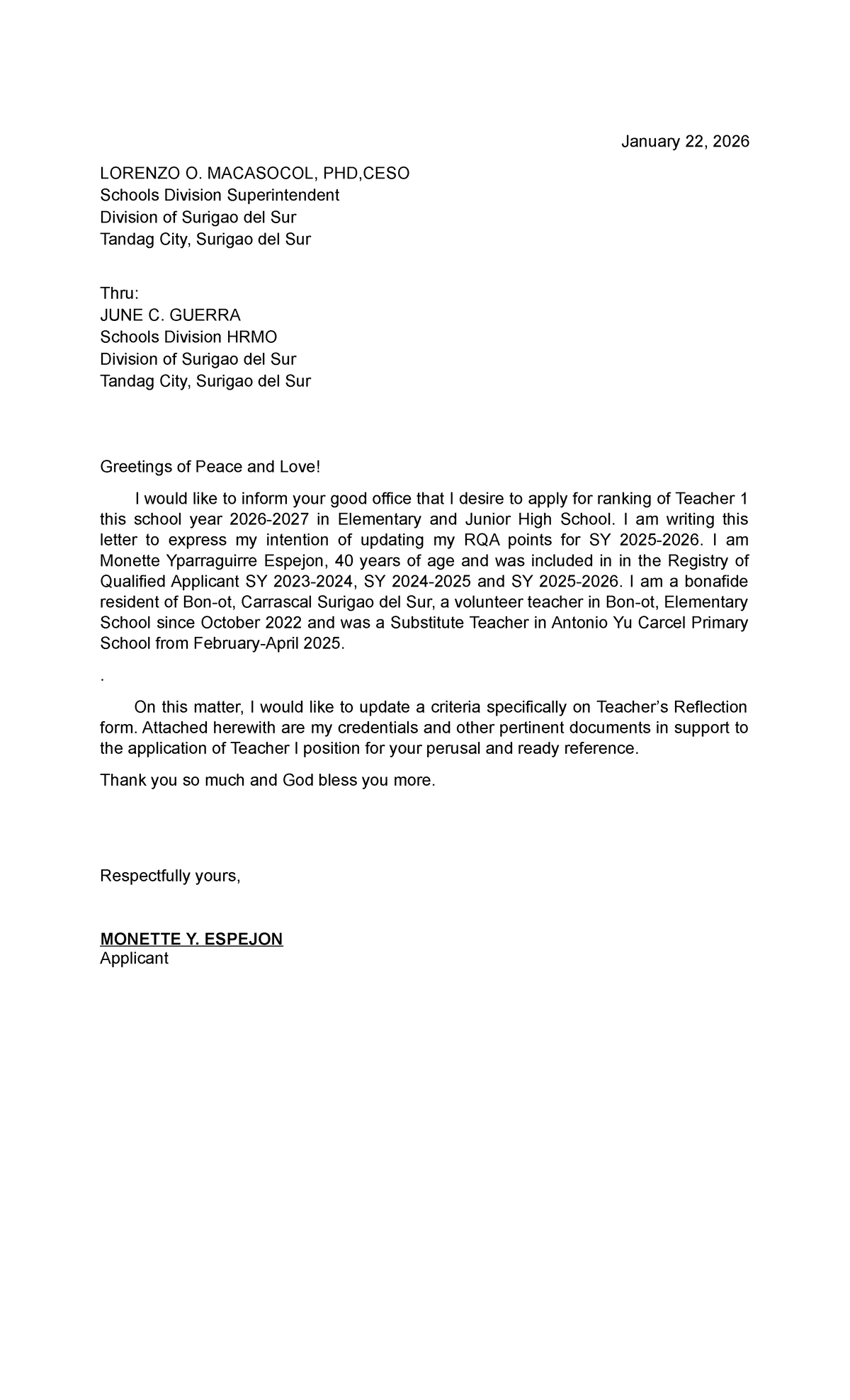 Intent Letter for Teacher 1 Ranking Application - SY 2026 - Studocu