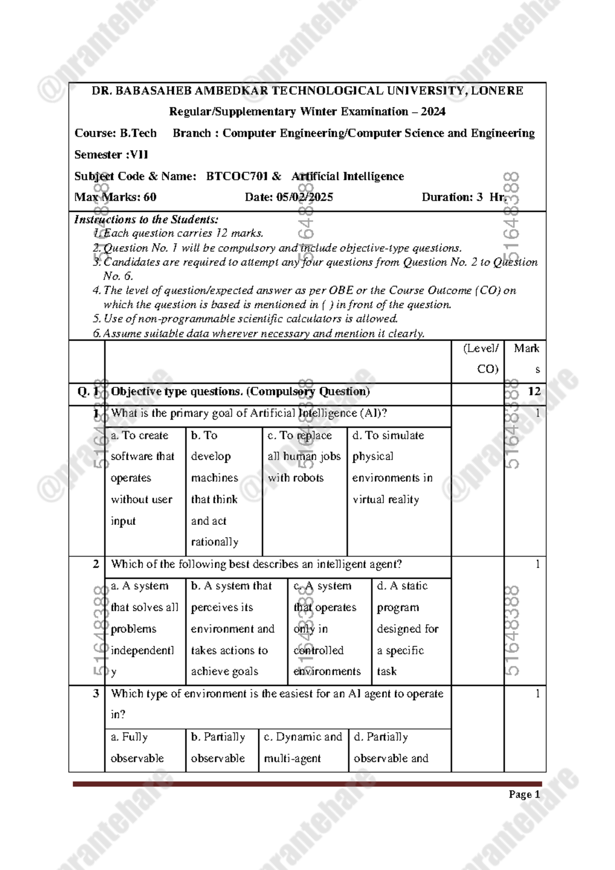B.Tech CSE Semester VII Exam: Artificial Intelligence (BTCOC701) - Studocu