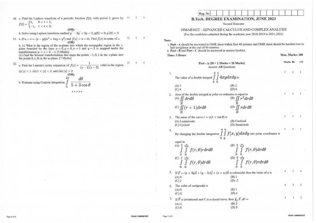 18MAB102T Advanced Calculus & Complex Analysis Exam Notes - June 2023 ...