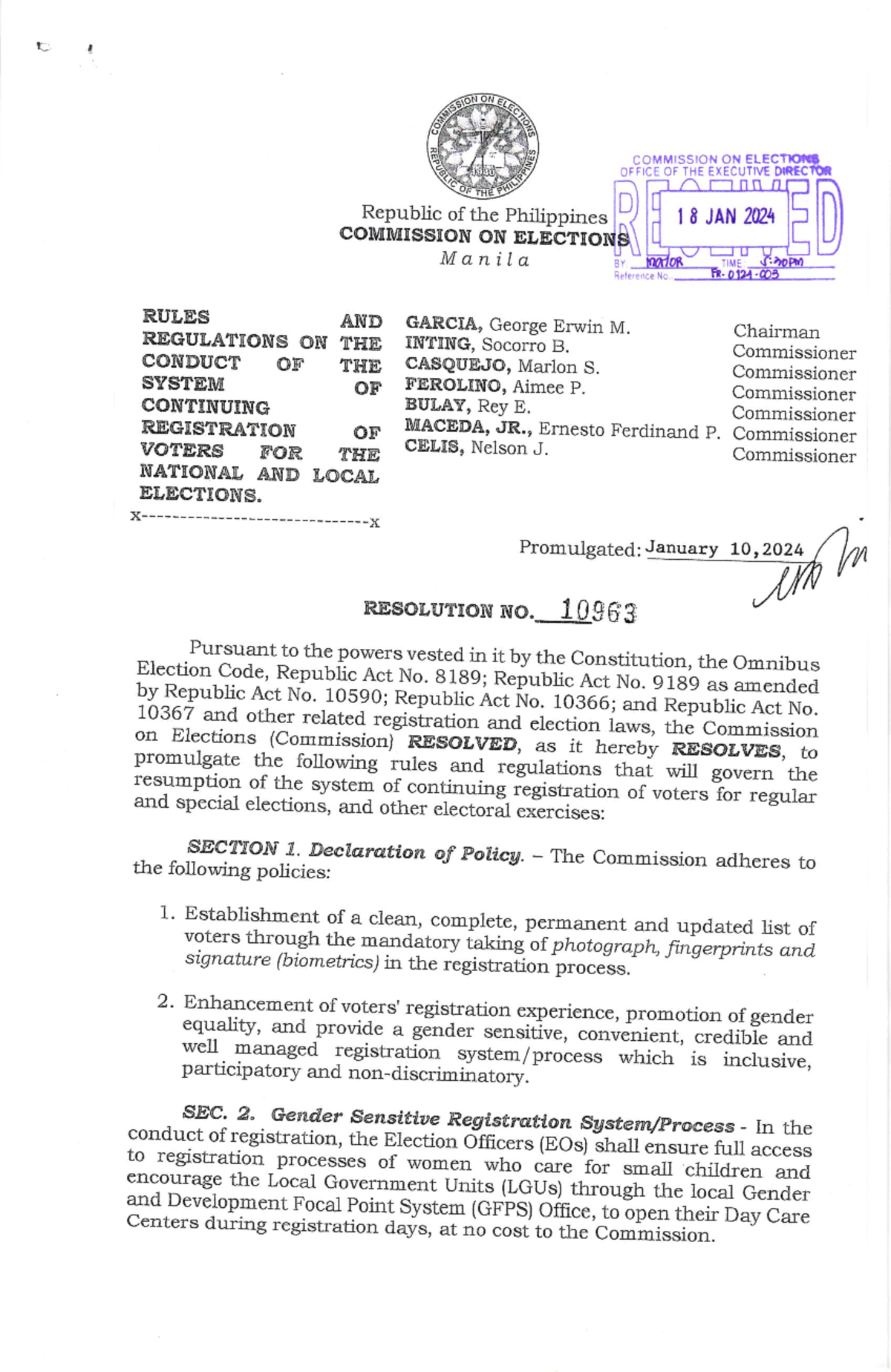 COMELEC Resolution No. 10963: Voter Registration Rules for 2024 - Studocu