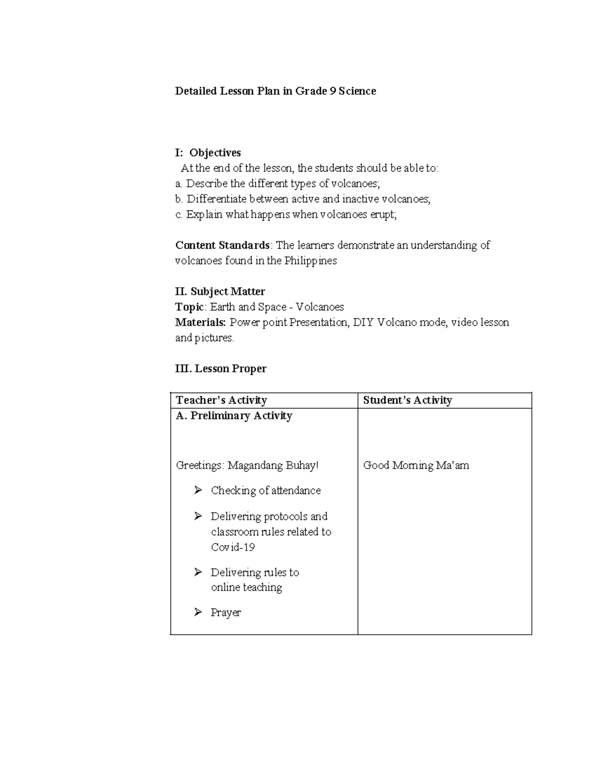 Grade 9 Science Lesson Plan: Understanding Volcanoes and Eruptions ...