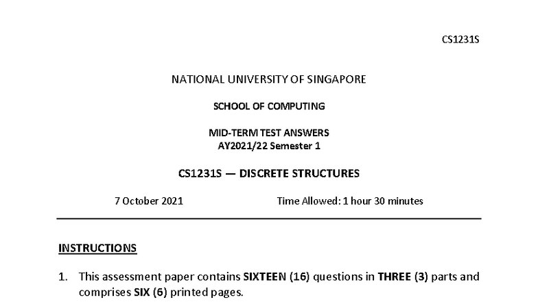 CS1231S Midterm Exam Practice Answers - Semester 1 - Studocu