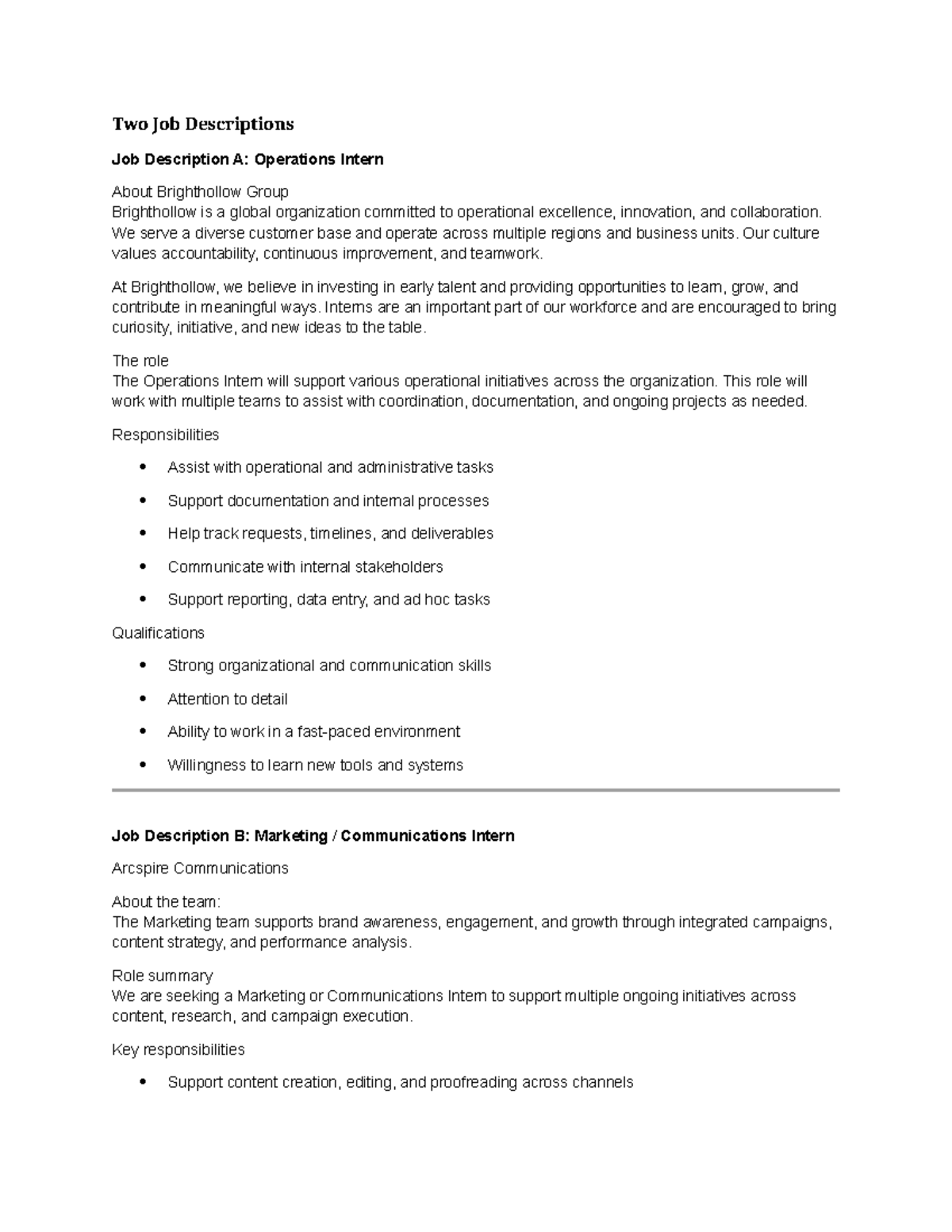 Job Descriptions for Operations & Marketing Interns at Brighthollow ...