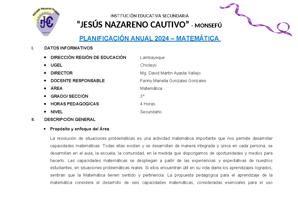 Programación Anual 2024 EPT Matemática 3RO - Institución Educativa Nazareno - Studocu