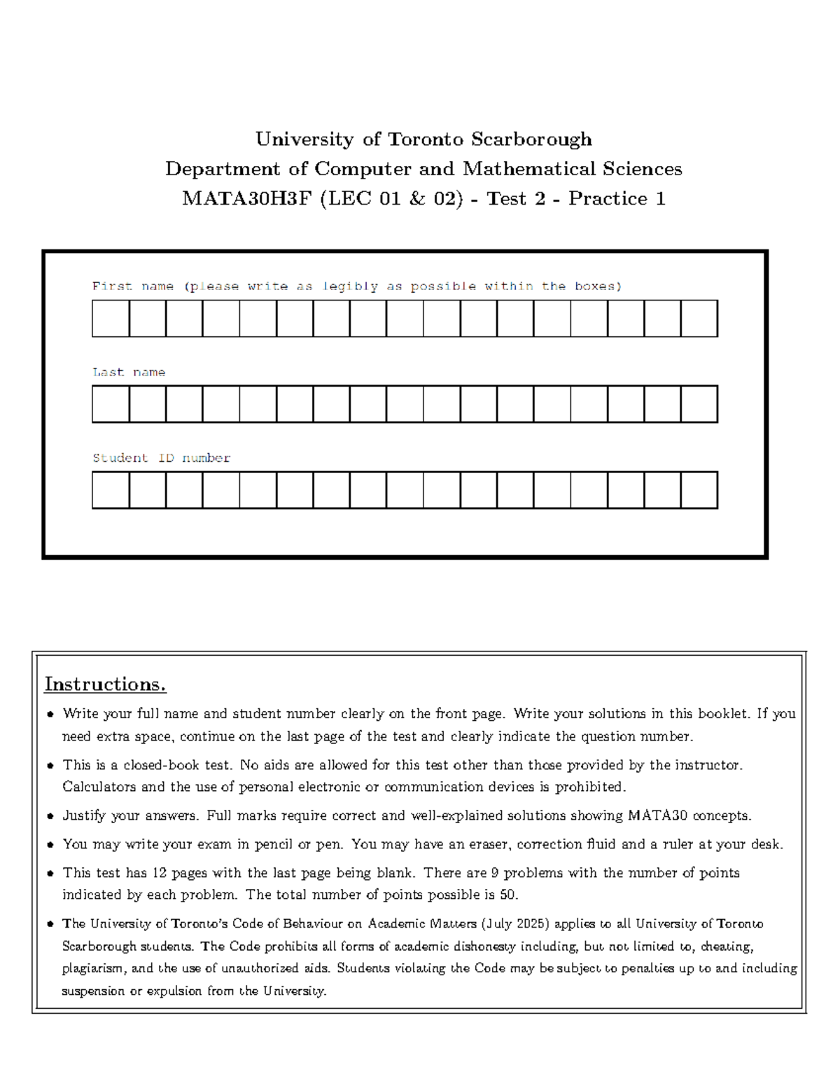 MATA30H3F (LEC 01 02) Test 2 Practice 1 Study Guide - Studocu