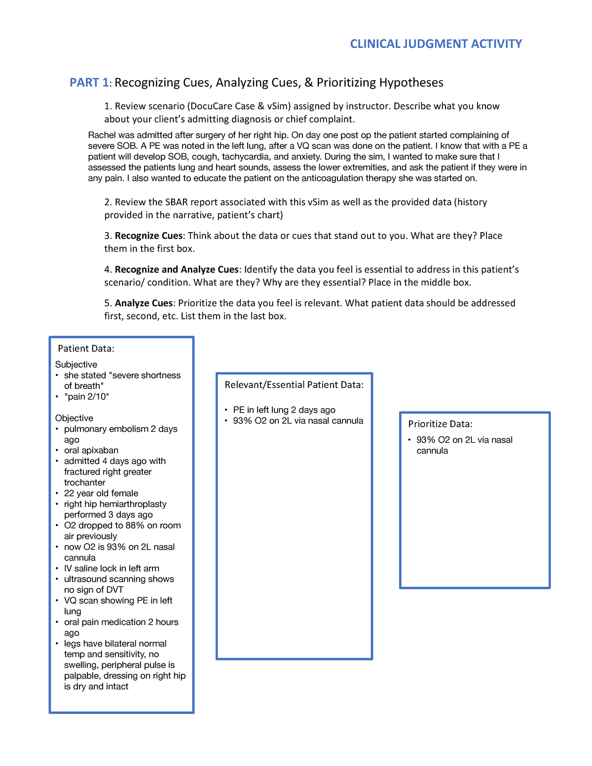 CLINICAL JUDGMENT ACTIVITY PART 1: Cues & Hypotheses Analysis for ...