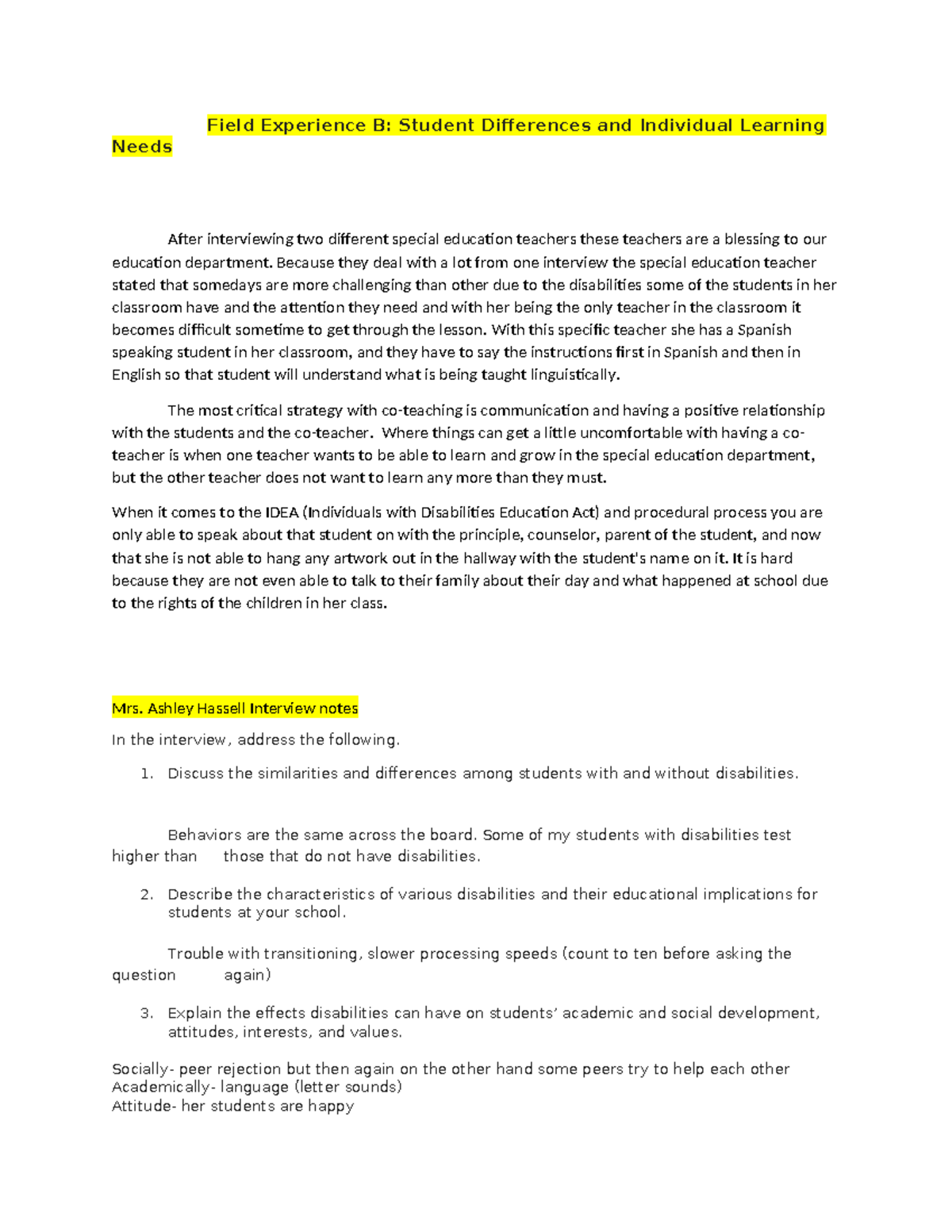 Field Experience B: Understanding Student Differences & Learning Needs ...