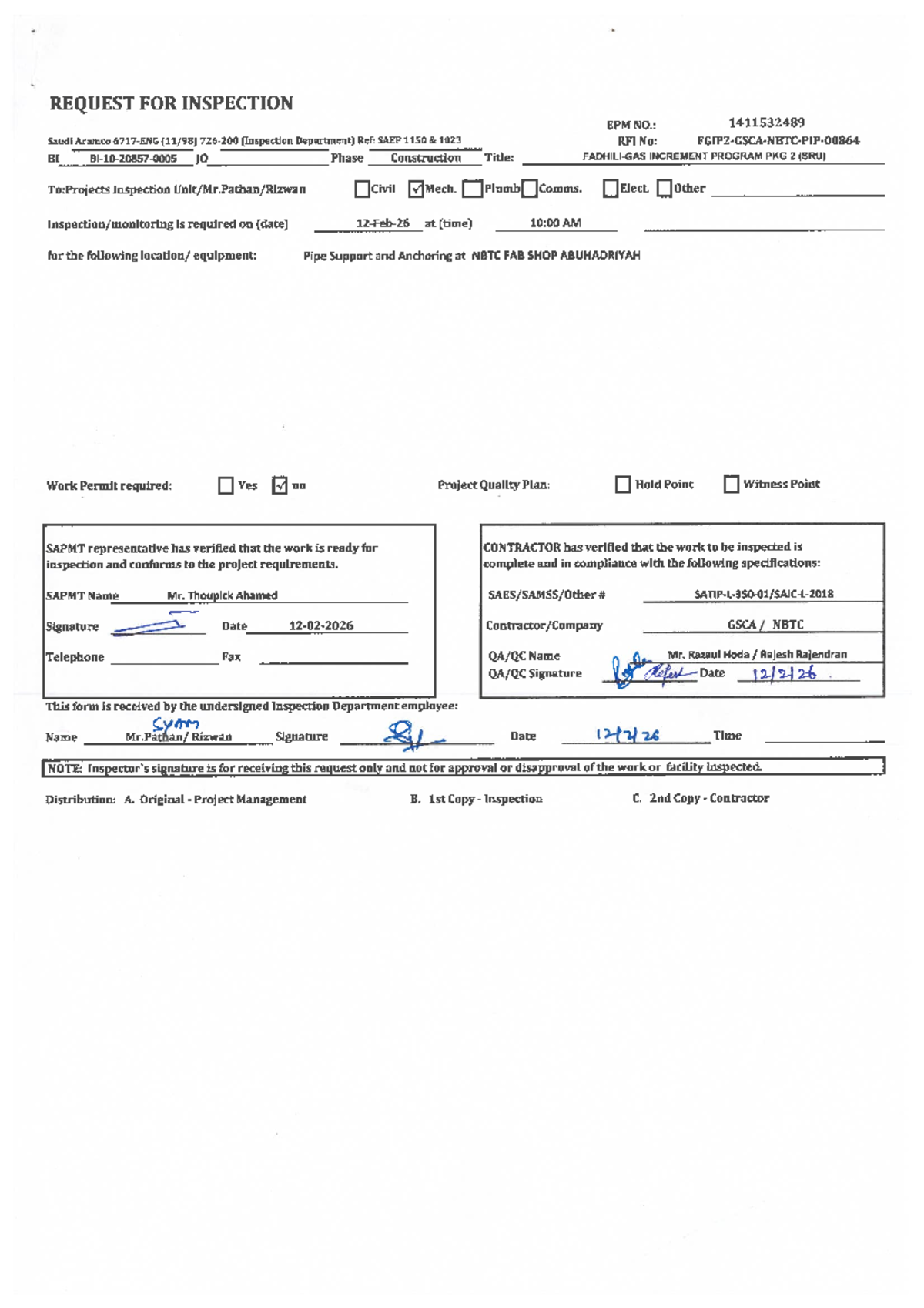 Fadhili Gas Increment Program Package 2 (FGIP2) Inspection Request ...