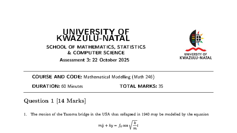 2025 Math 246 Assessment 3: Tacoma Bridge Motion & Differential Equations - Studocu
