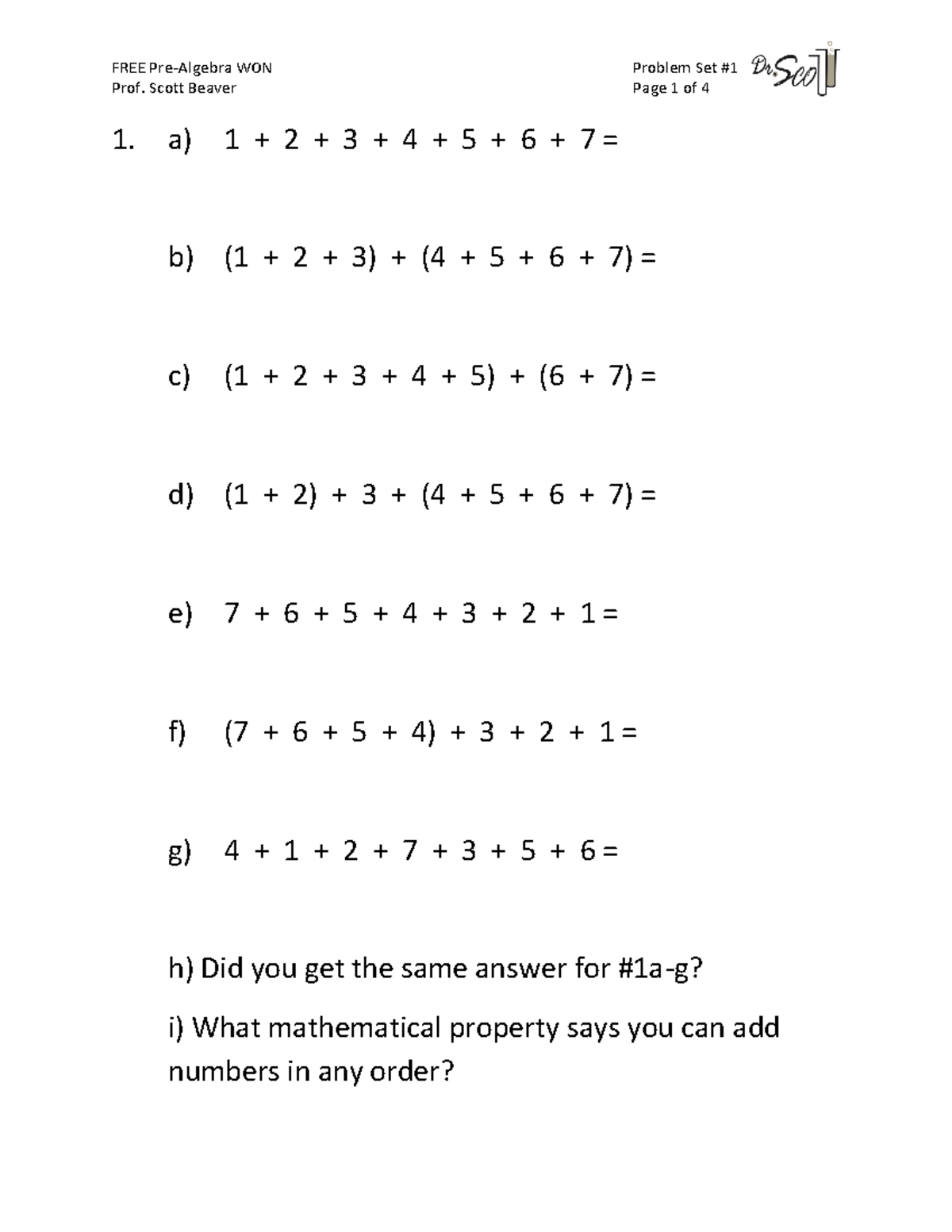 7th Grade Math Worksheets Problem Set 1 - a) 1 + 2 + 3 + 4 + 5 + 6 + 7 ...