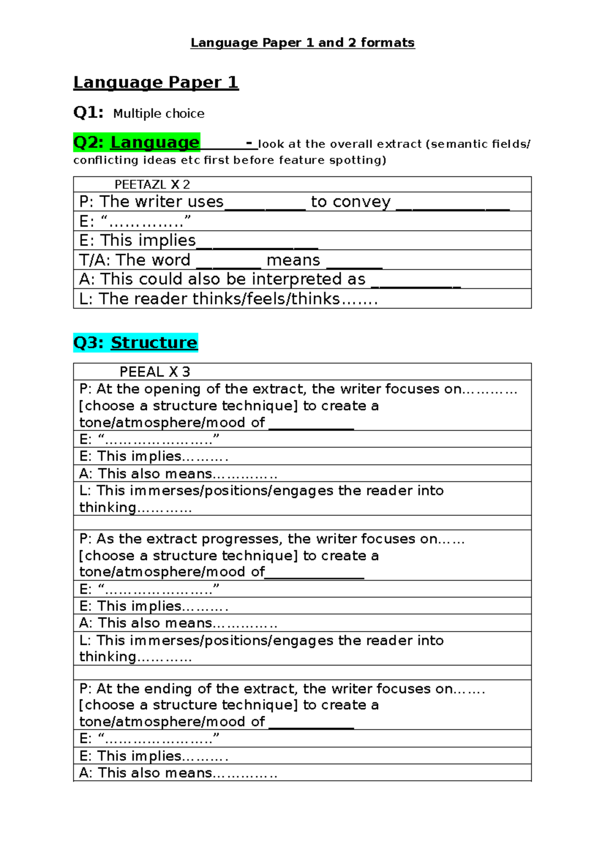 Language Paper 1 & 2 Formats: Analytical & Comparative Techniques - Studocu