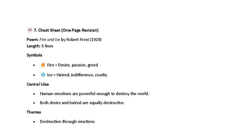 Fire and Ice Cheat Sheet - 7. Cheat Sheet (One-Page Revision) Poem ...