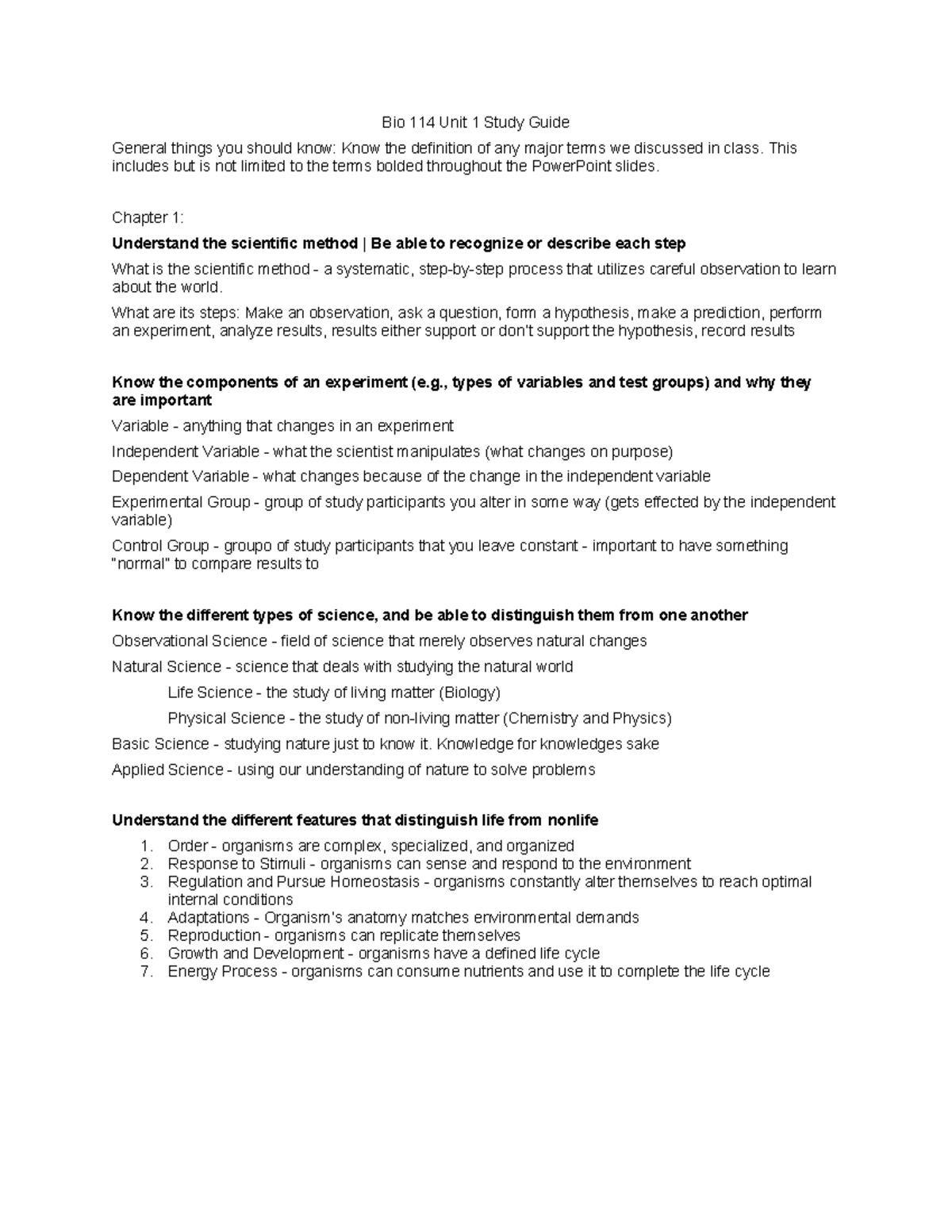 Bio 114 Exam 1 Study Guide: Key Concepts and Definitions - Studocu