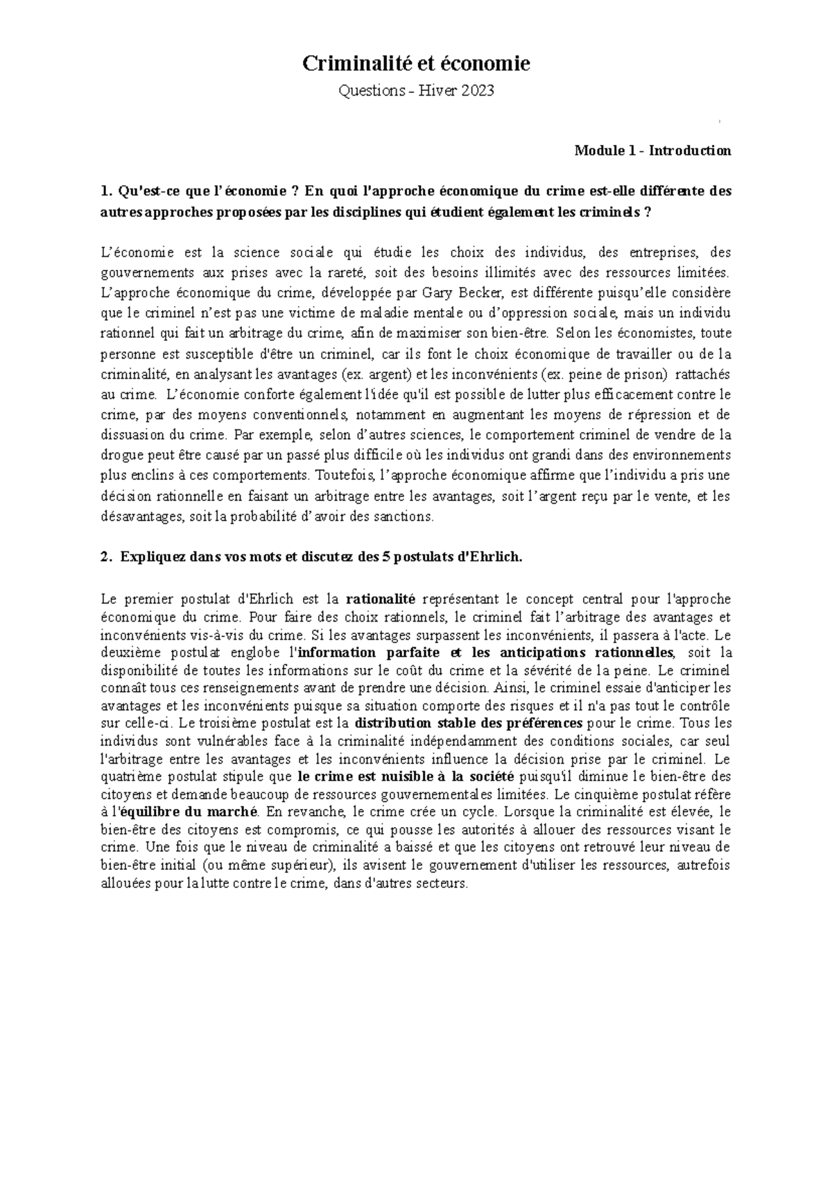 ECN-1160 Questions - Analyse Économique du Crime et de la Criminalité ...