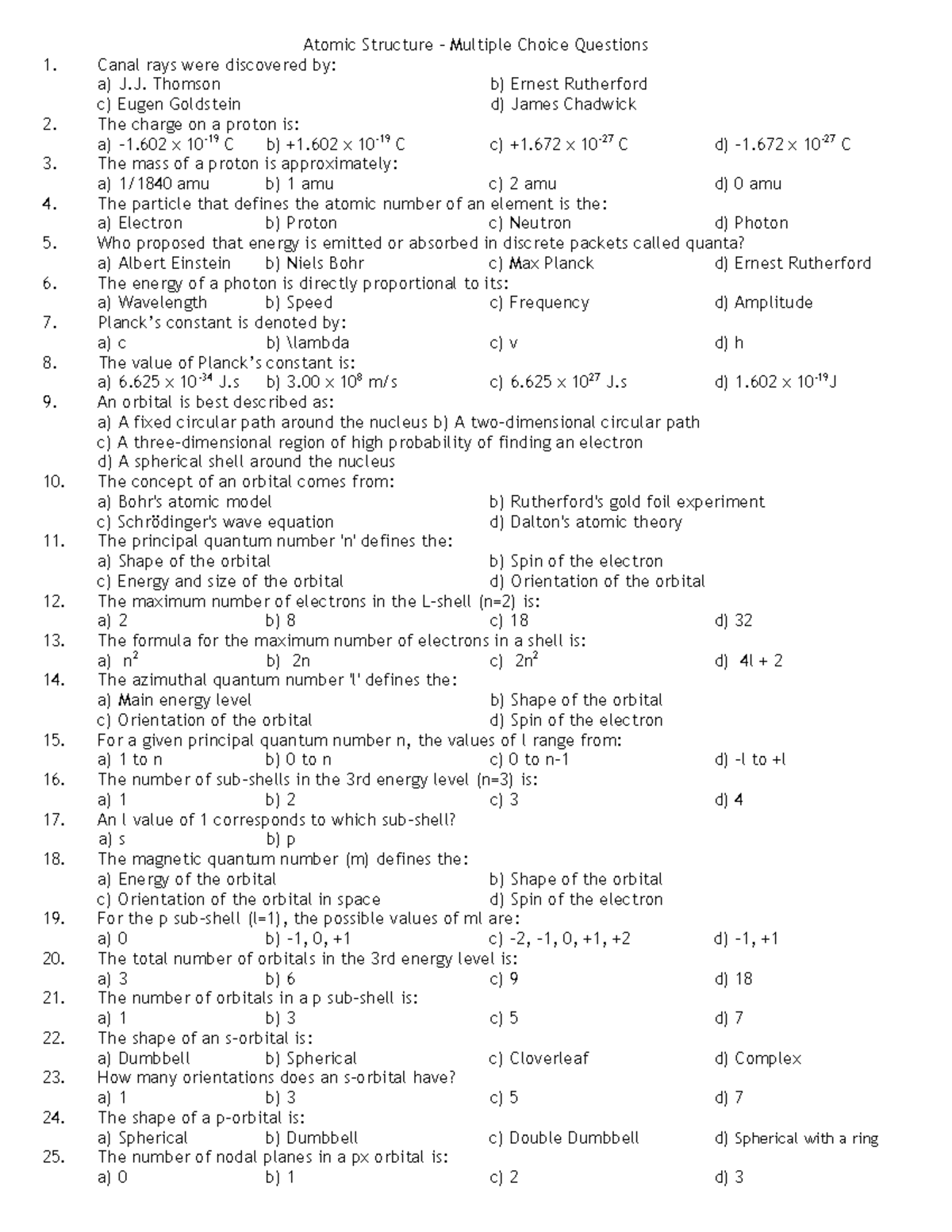 Atomic Structure MCQs 11 - Essential for MDCAT Preparation - Studocu