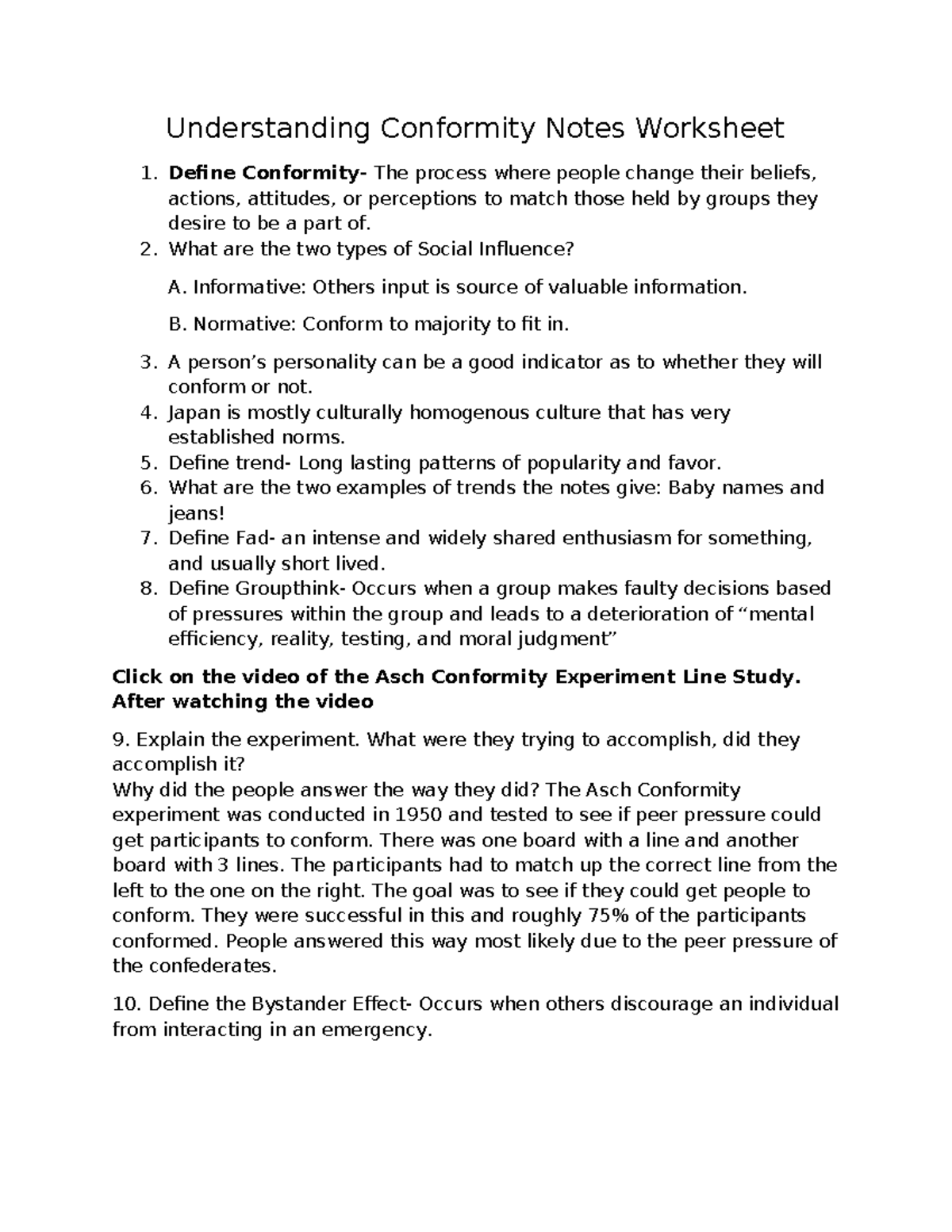 Understanding Conformity Notes Worksheet - Define Conformity- The ...