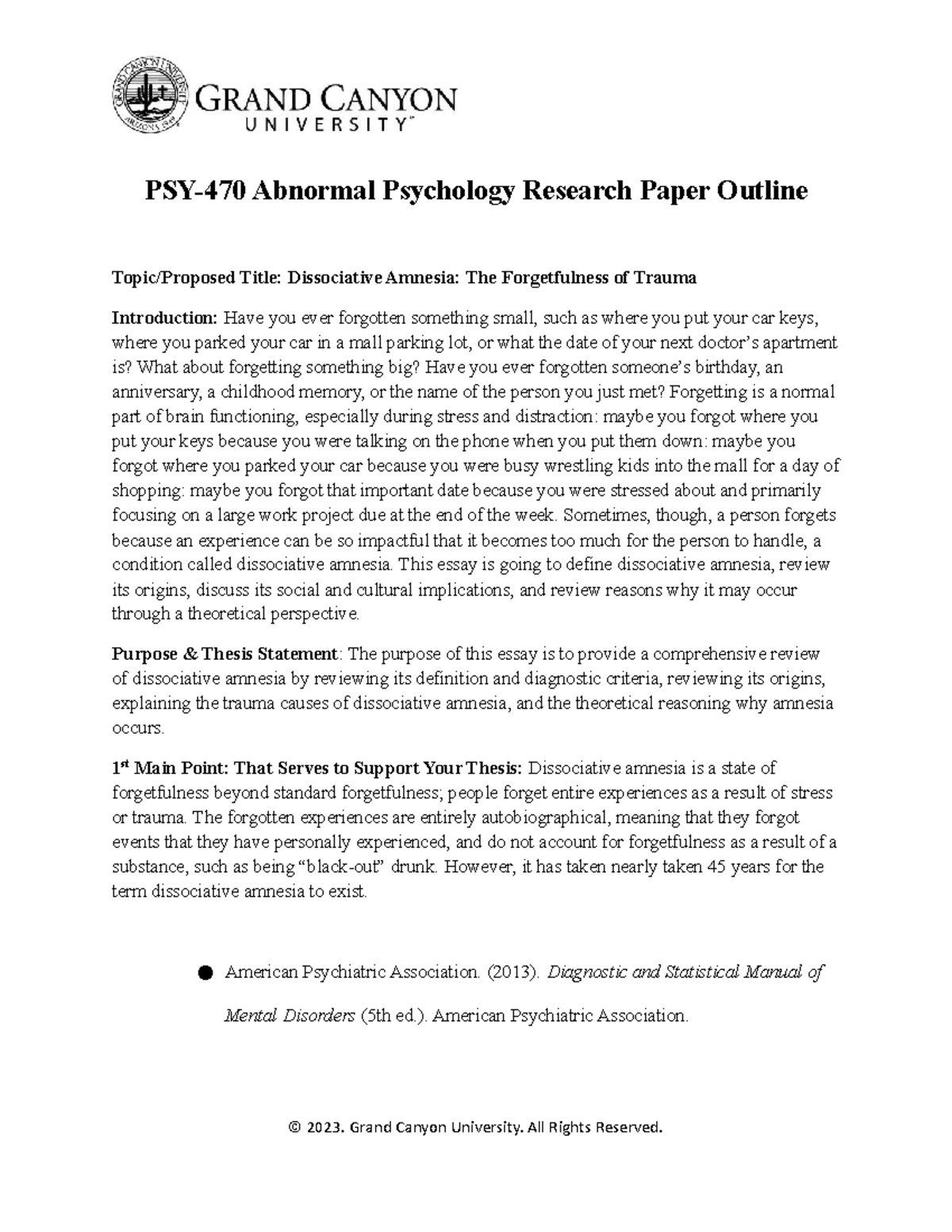 PSY-470 Final Research Paper Outline: Dissociative Amnesia Explained ...