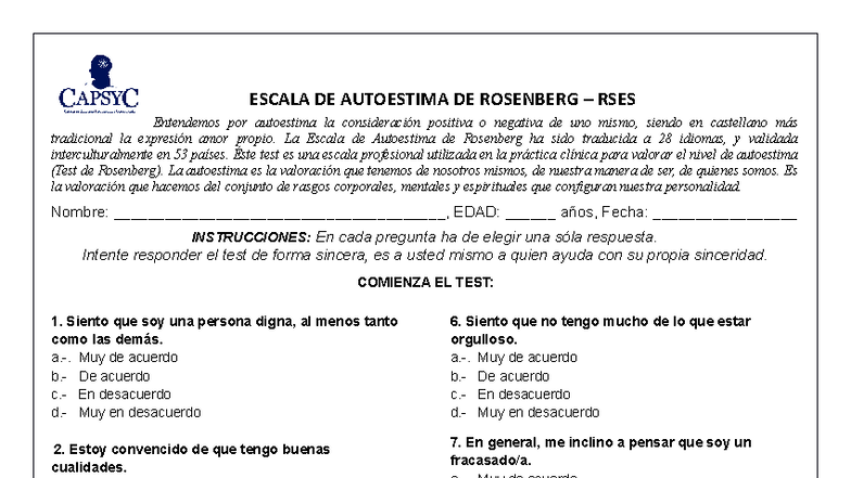 Escala de Autoestima de Rosenberg (RSES) - Test y Resultados - Studocu