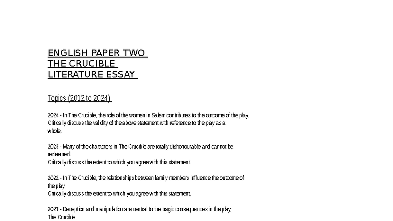 ENGLISH 101 - THE CRUCIBLE ESSAY TOPICS (2012-2024) - Studocu