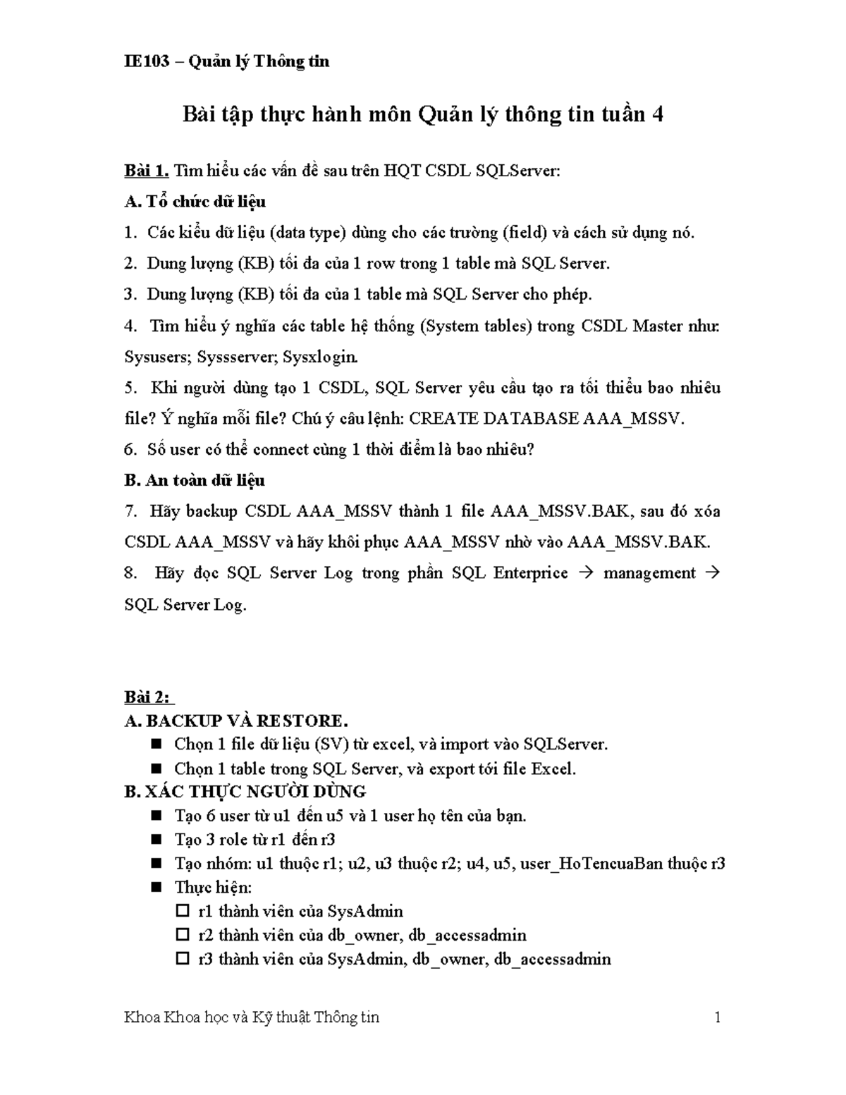 IE103 Quản lý Thông tin Bài tập Thực hành Tuần 4: SQL Server CSDL - Studocu