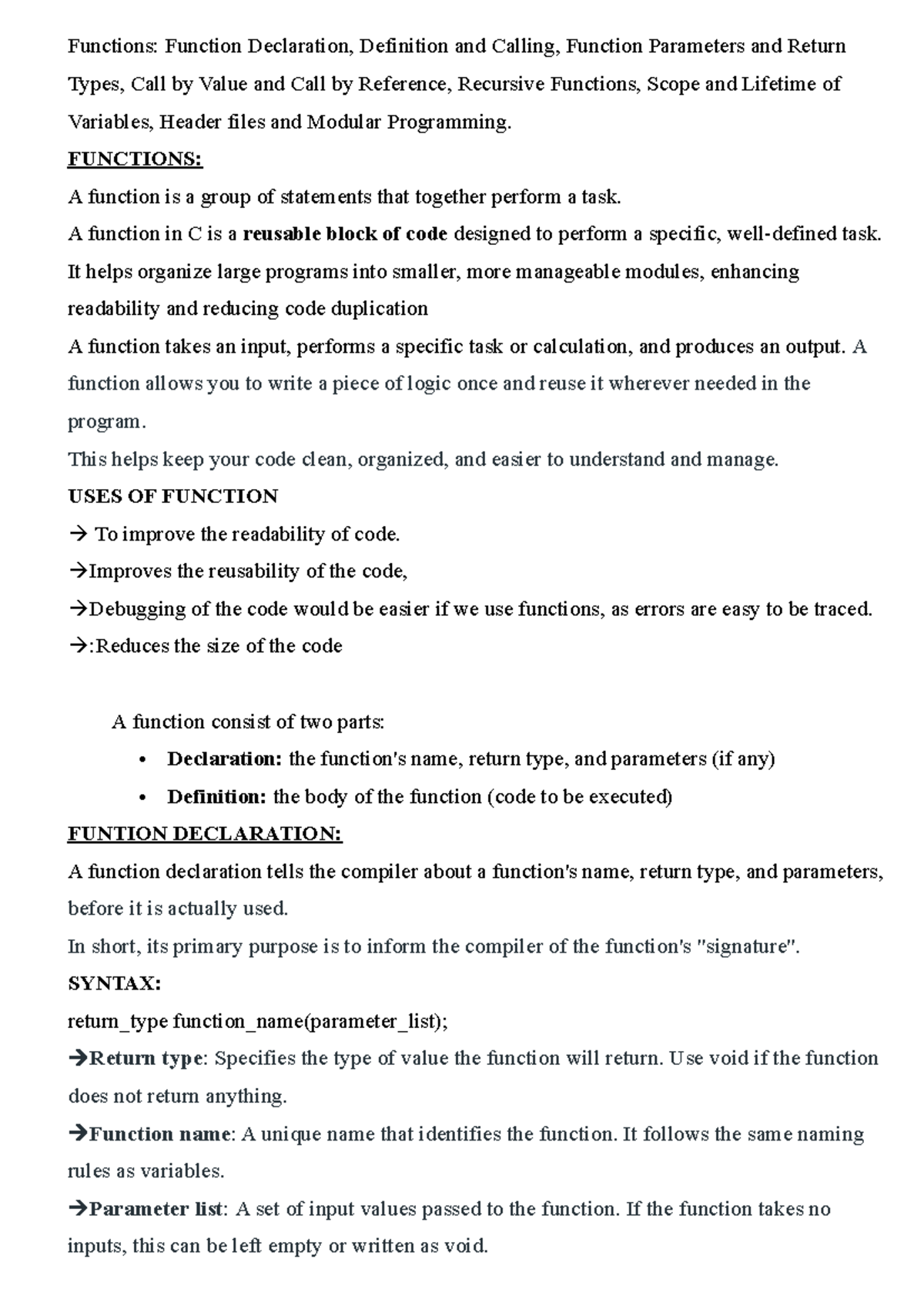 CS25C01 Functions: Declaration, Definition, and Usage in C - Studocu