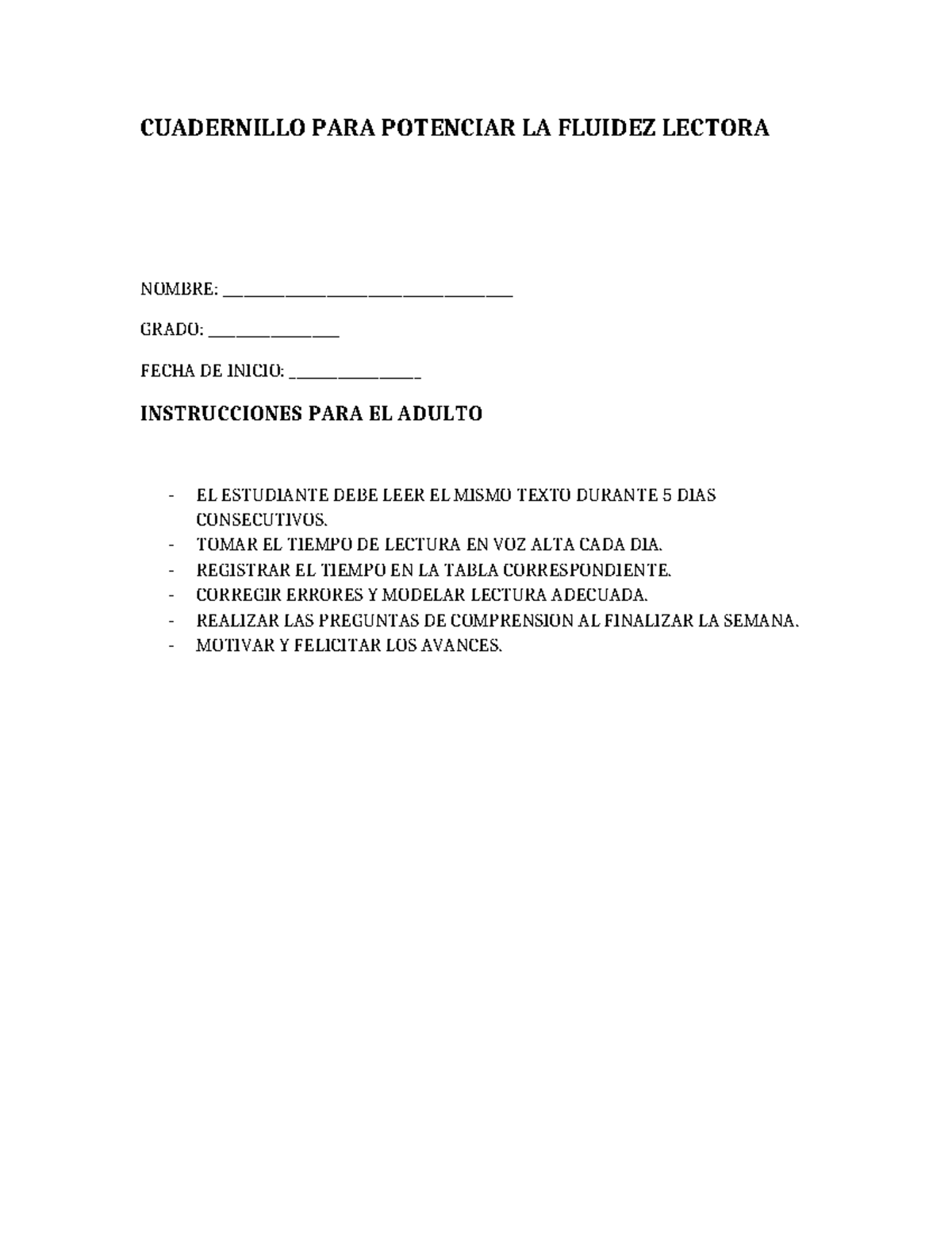 CUADERNILLO DE FLUIDEZ LECTORA PARA ESTUDIANTES - Studocu