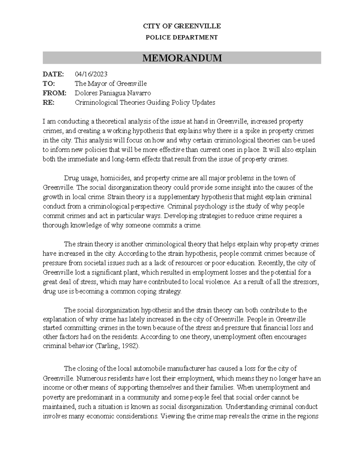 CJ 306 Project Two Memo Template - CITY OF GREENVILLE POLICE DEPARTMENT ...