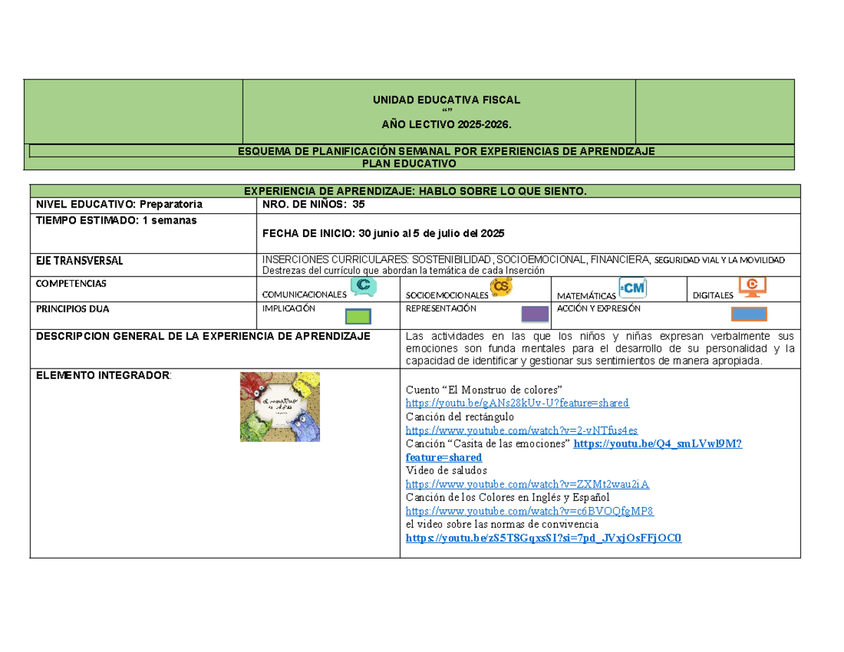 E.A 9: Planificación Semanal de Aprendizaje Socioemocional en ...